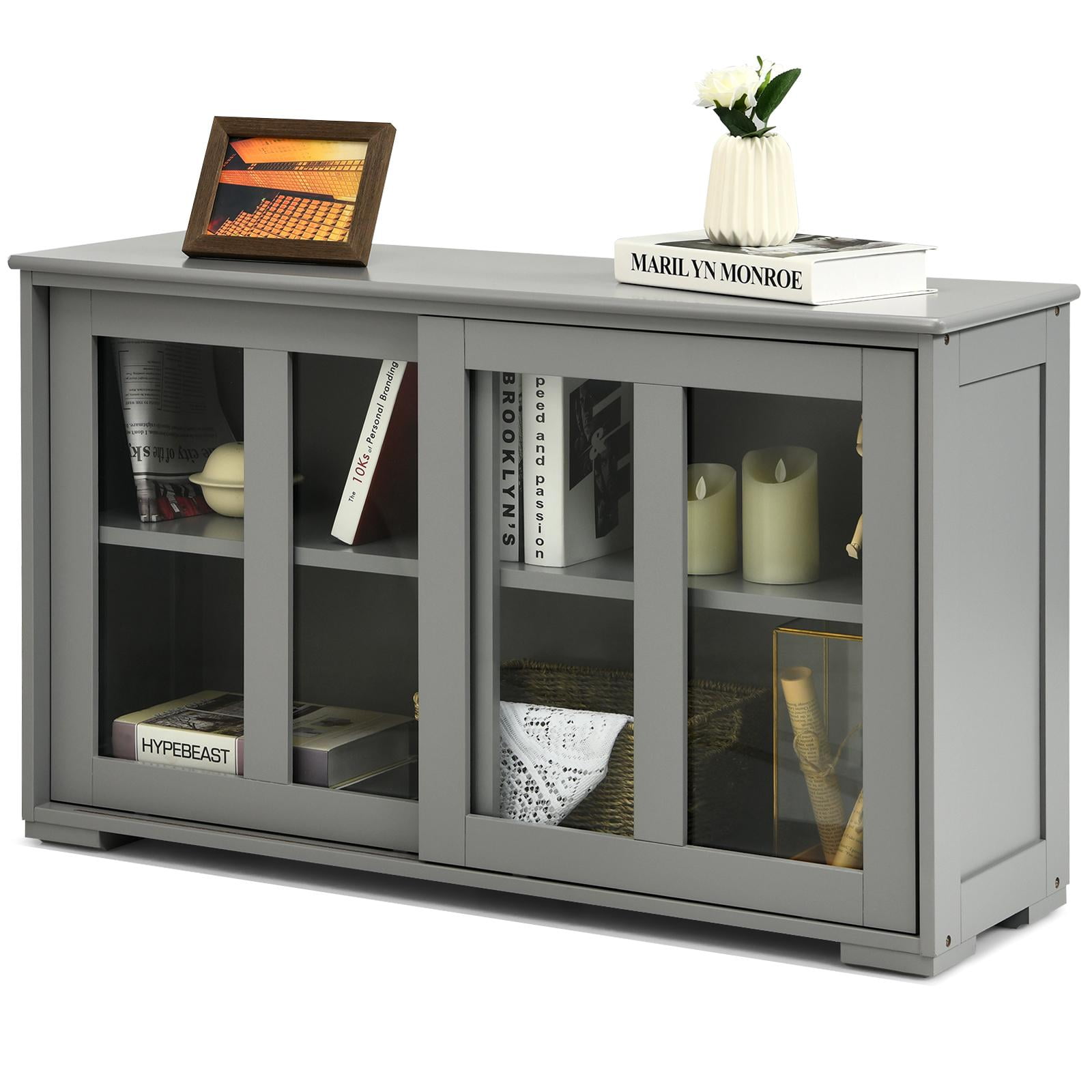 Giantex Stackable Buffet Cabinet with Glass Doors Kitchen Storage Grey Walmart