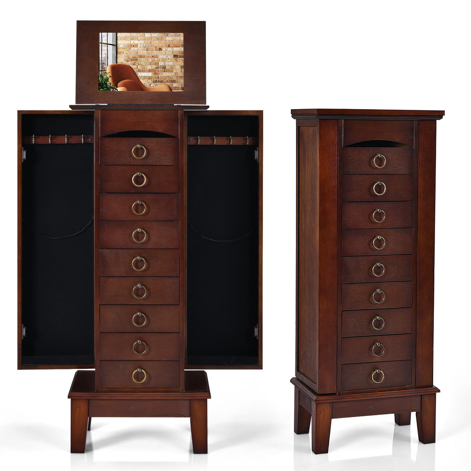 Giantex Standing Jewelry Cabinet, Wooden Storage Chest w/Top Divided ...