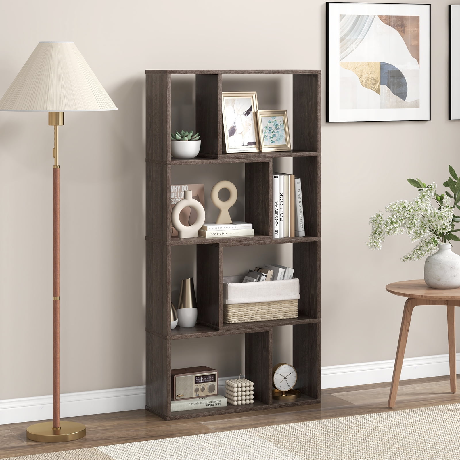 Giantex Tall Bookcase w/8 Cubes, mall Bookshelf, Wooden Geometric ...