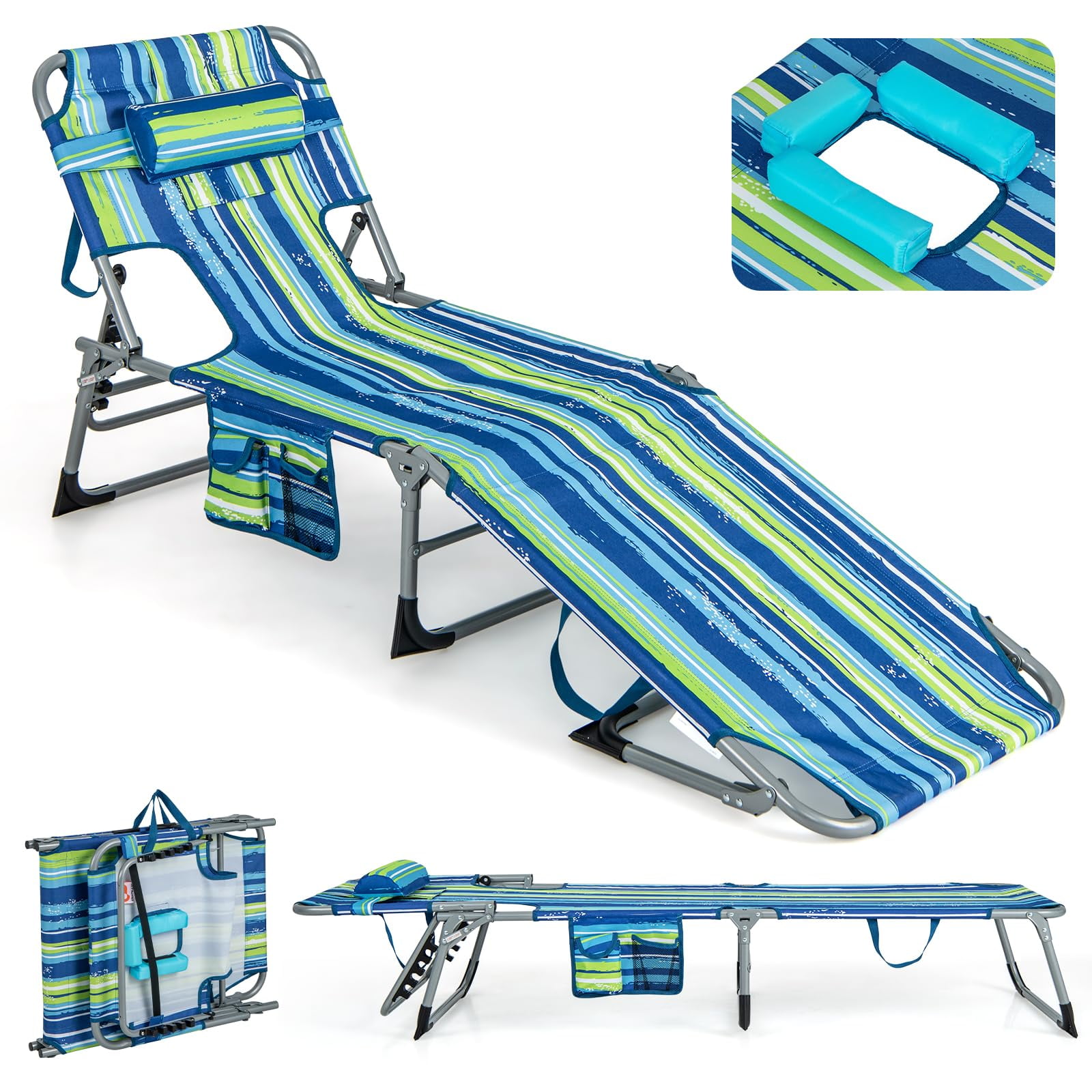 Giantex Tanning Chair, Folding Beach Chair with Face Arm Hole, Washable Pillow, Side Pocket ...
