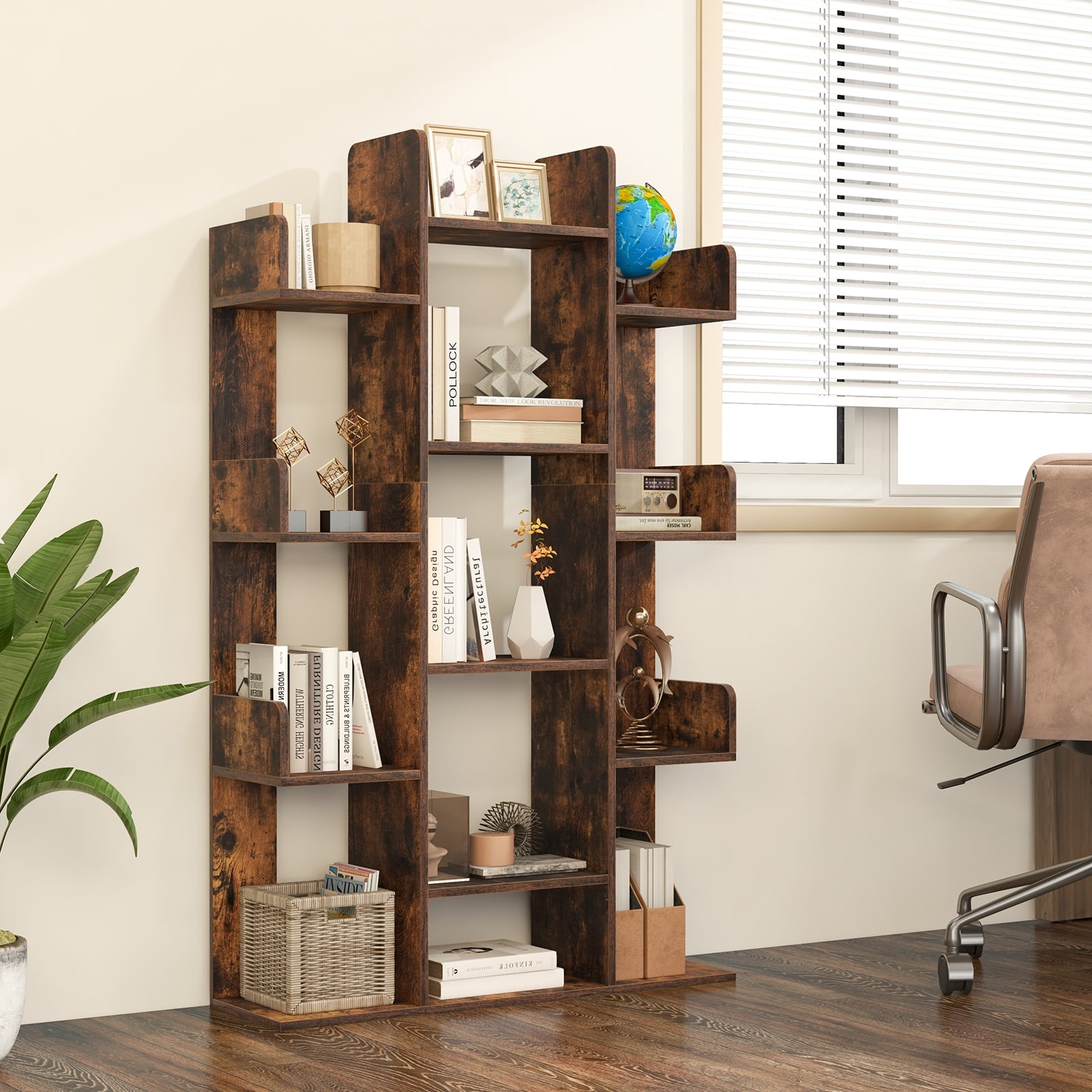 Giantex Tree Bookshelf, Wooden Bookcase w/13 Staggered Shelves ...