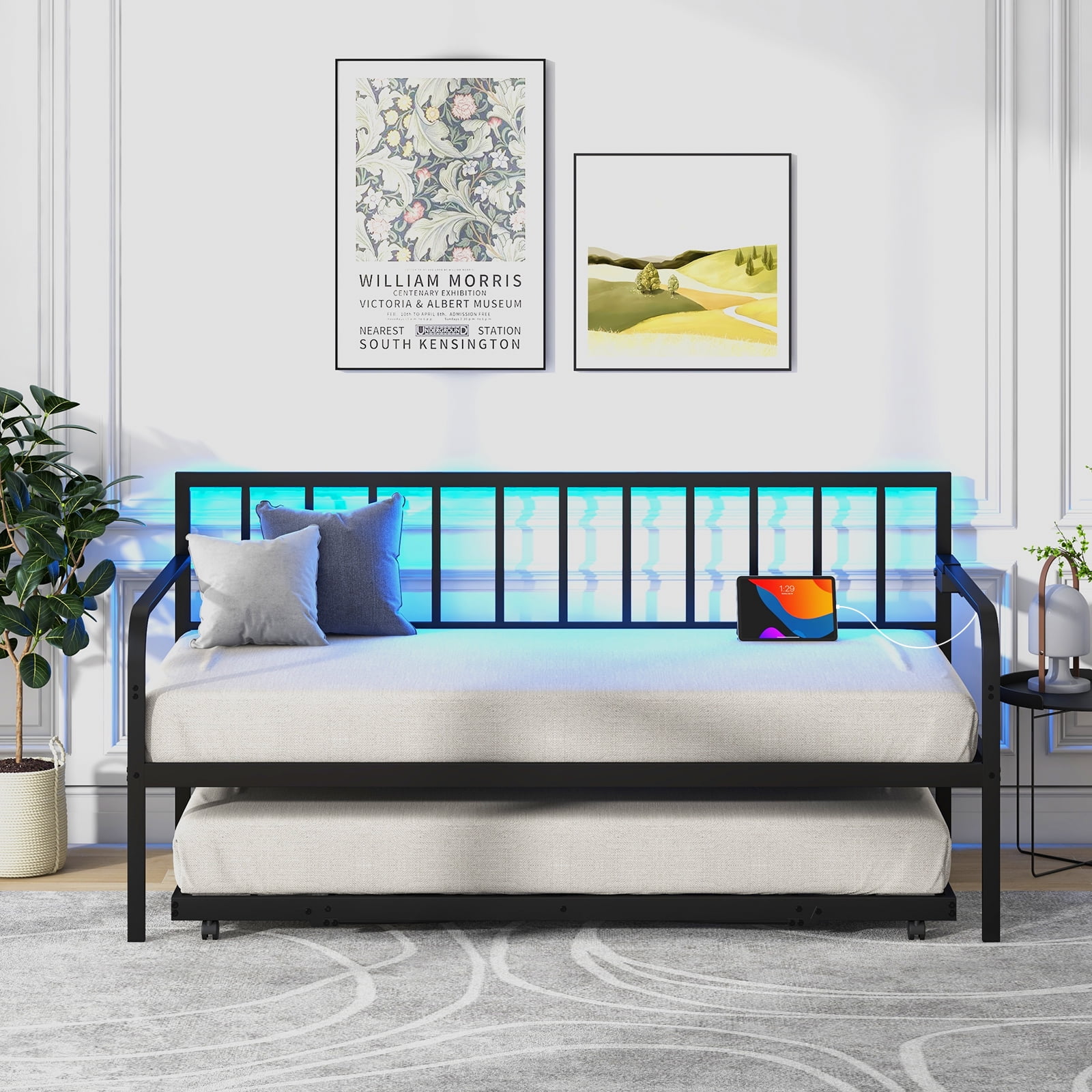 Giantex Twin Daybed Bed Frame w/Trundle, LED & Charging Station ...