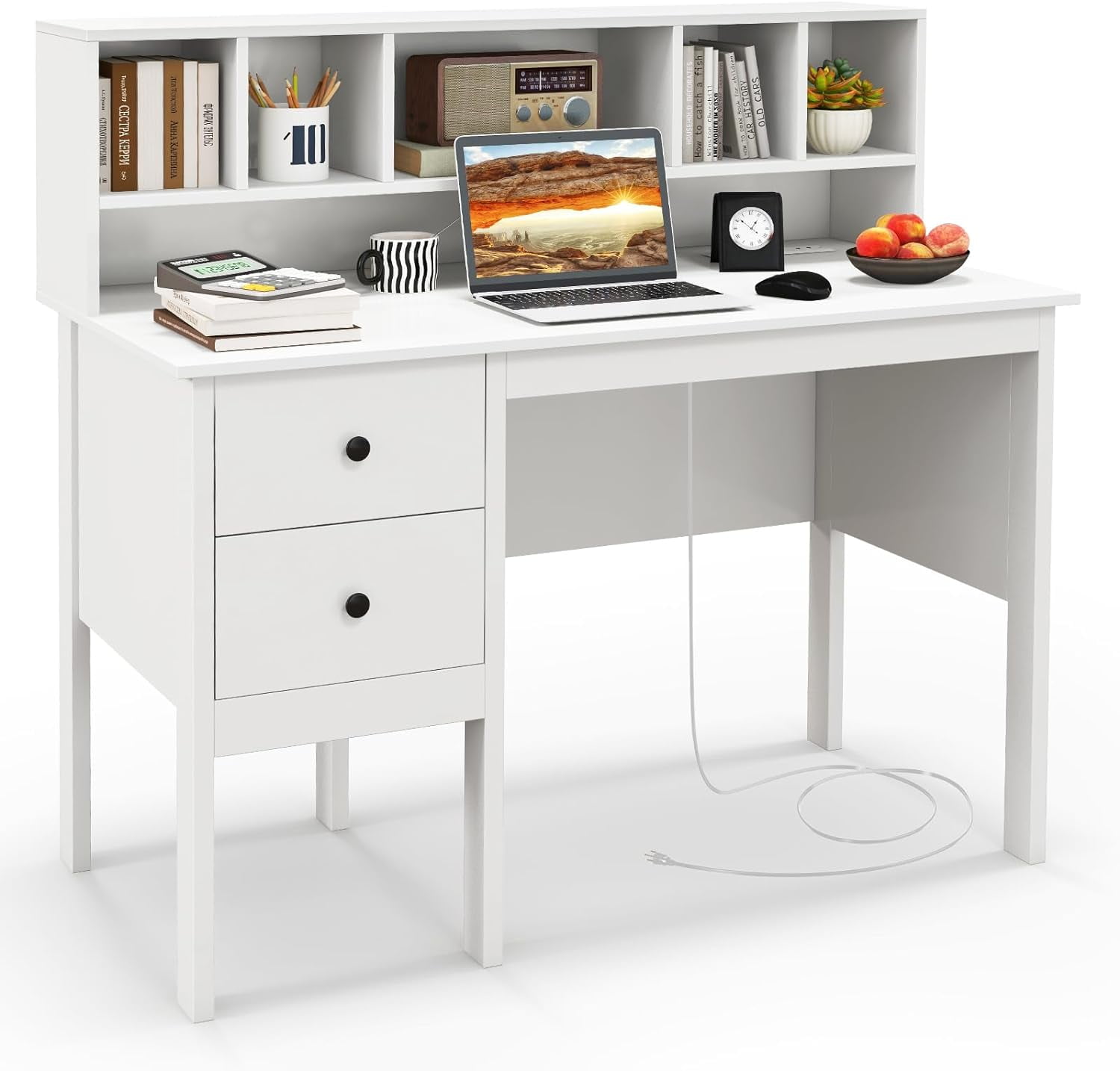 Giantex White Desk with Drawers & Hutch, Home Office Desk with Charging ...