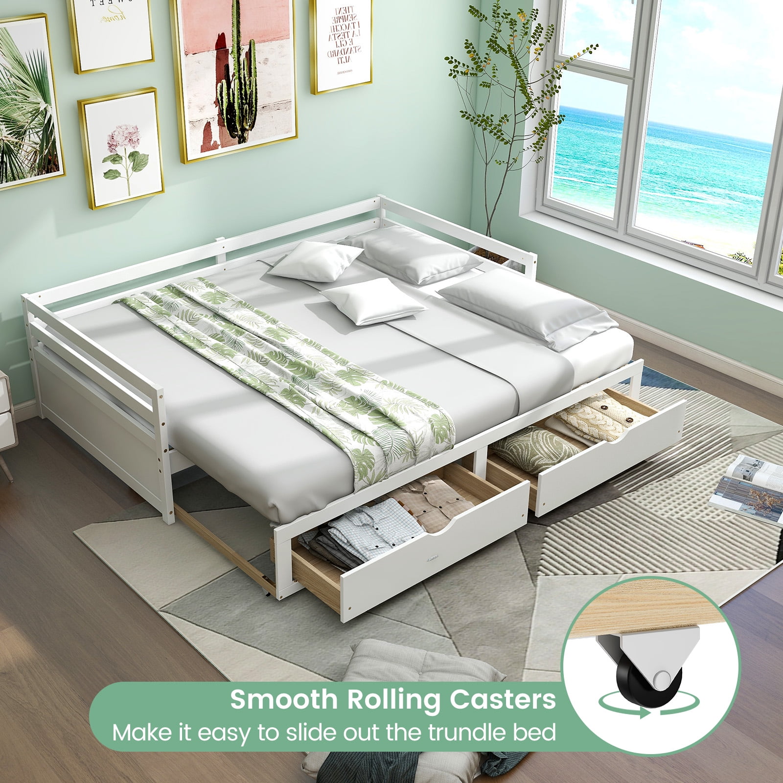 Giantex Wood Daybed w/Trundle, Extendable Twin to King Daybed Frame ...