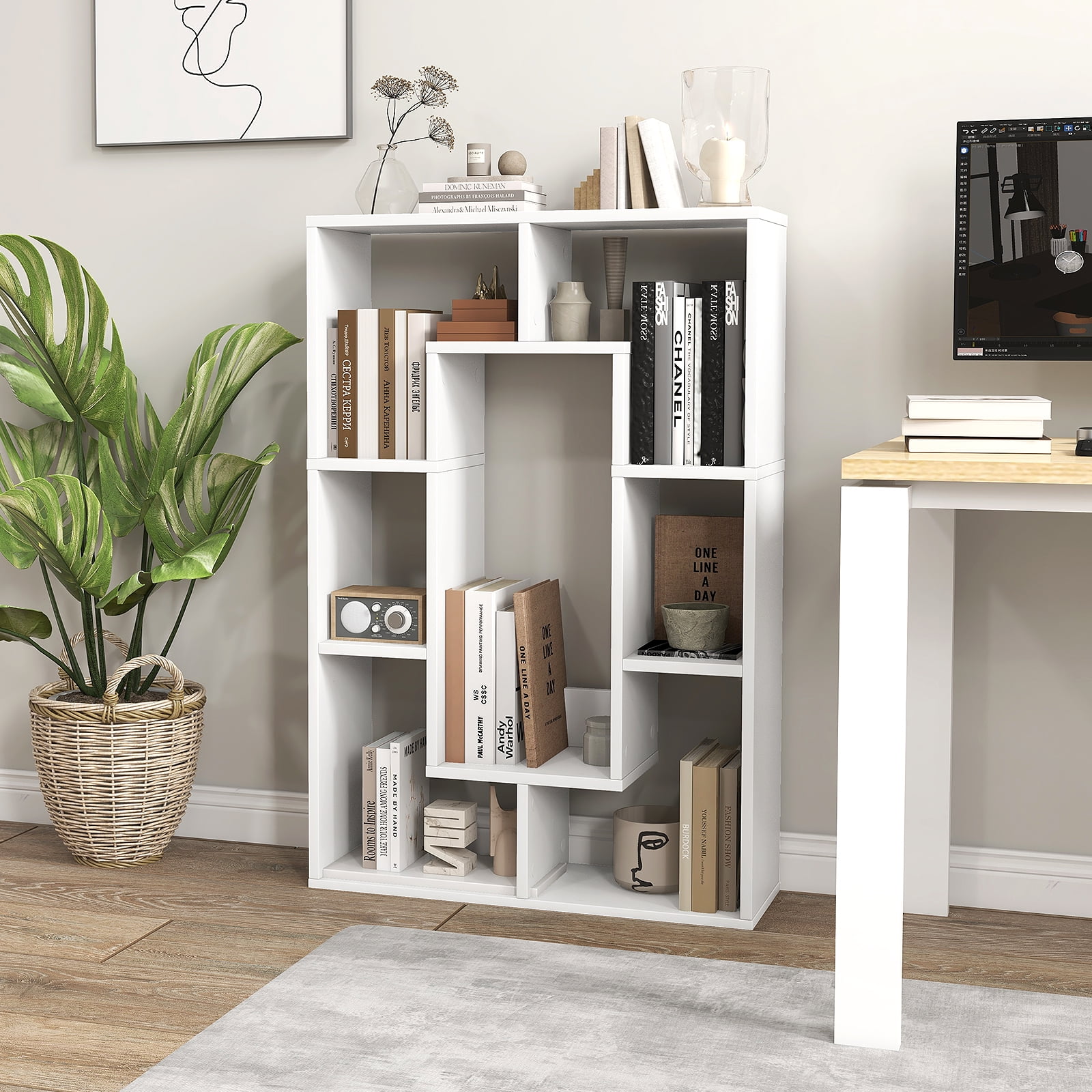 Giantex Wood Geometric Bookshelf, Freestanding Open Bookcase w/7 Cubes ...