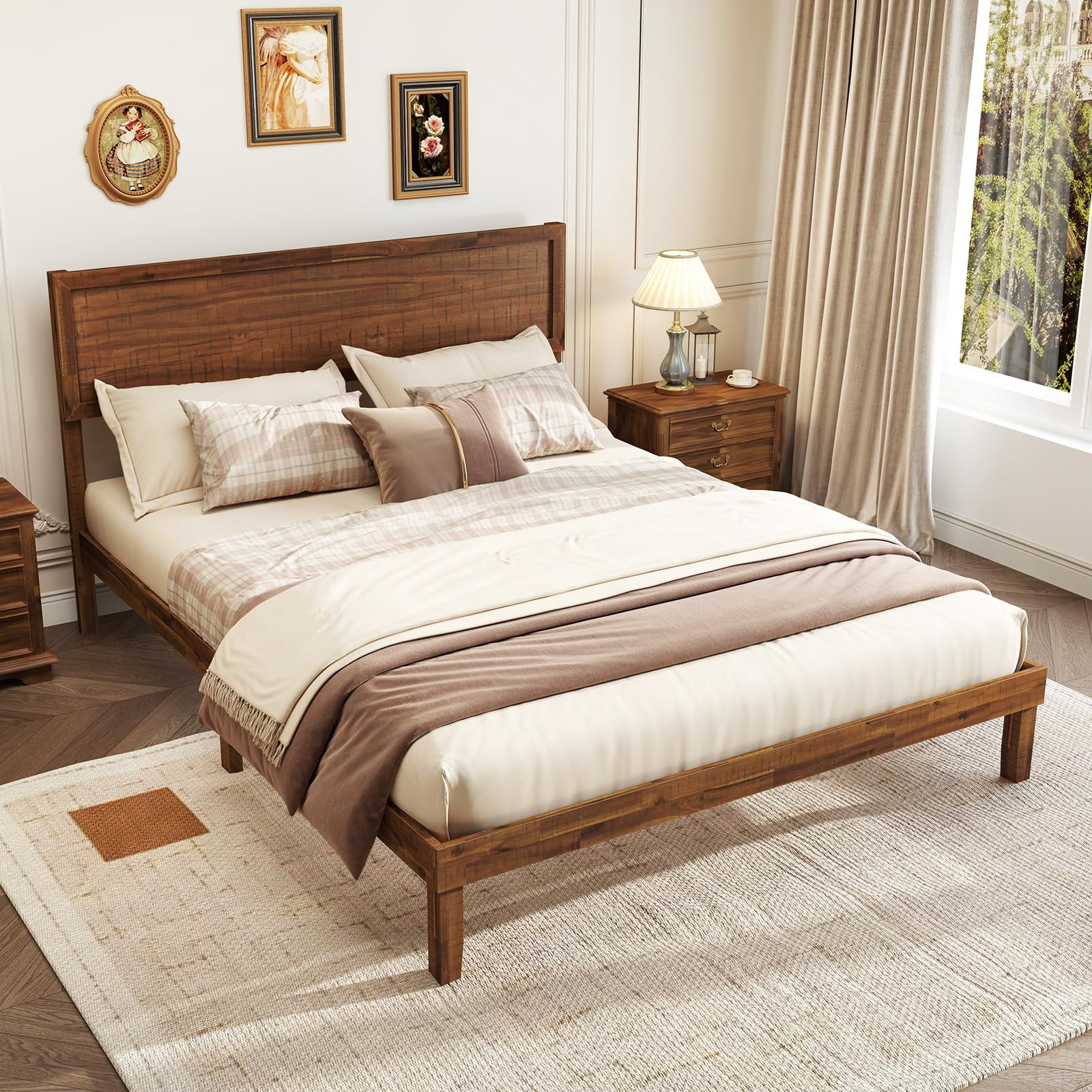 Giantex Wood Queen Bed Frame with Headboard, Mid Century Modern ...