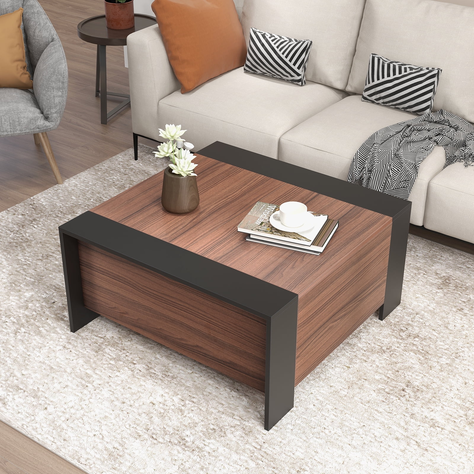 Giantex Wood Square Coffee Table, Farmhouse Center Table w/Sliding Top ...