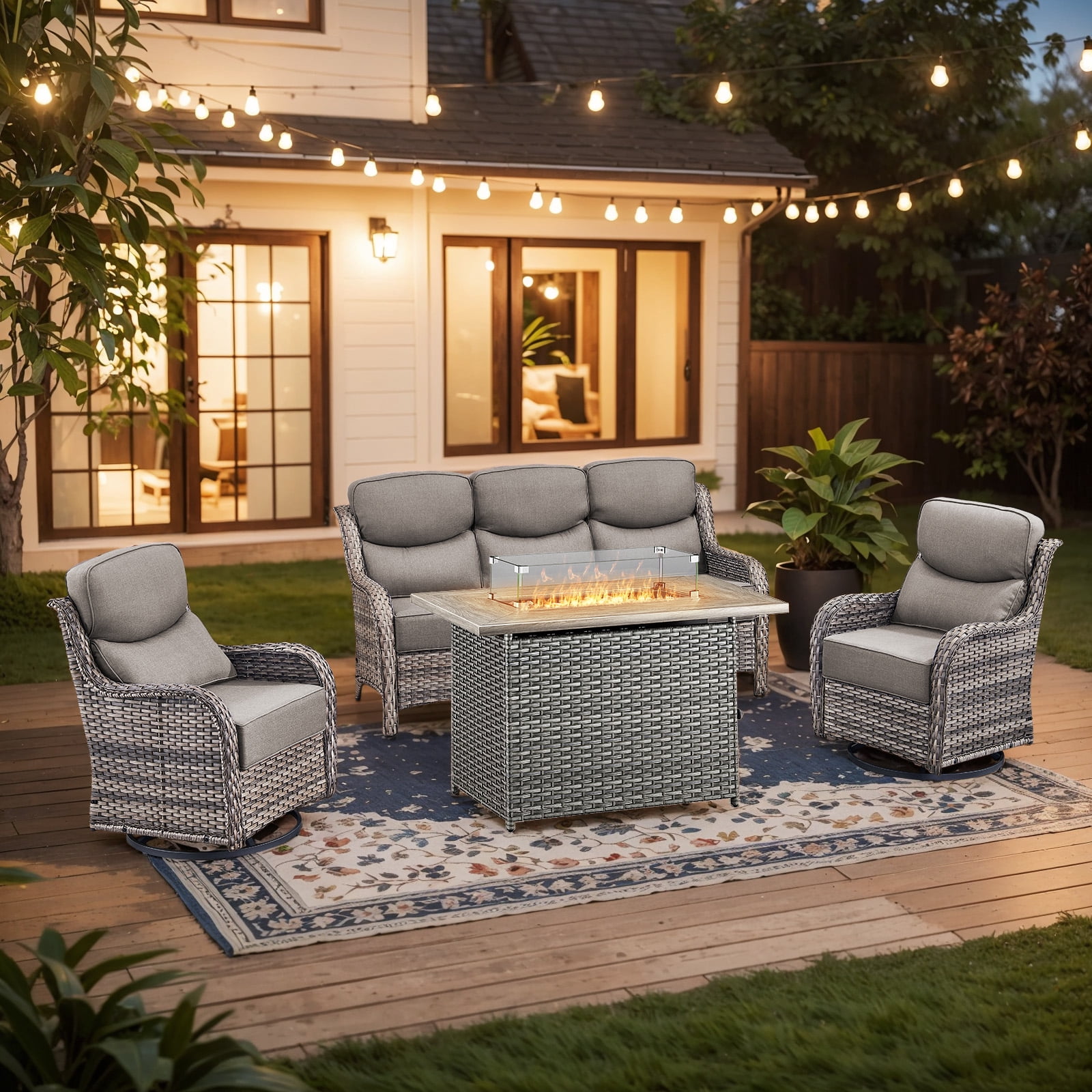 Giantfurnni Patio Fire Pit Sets Adult 4 Piece Wicker Weatherproof ...