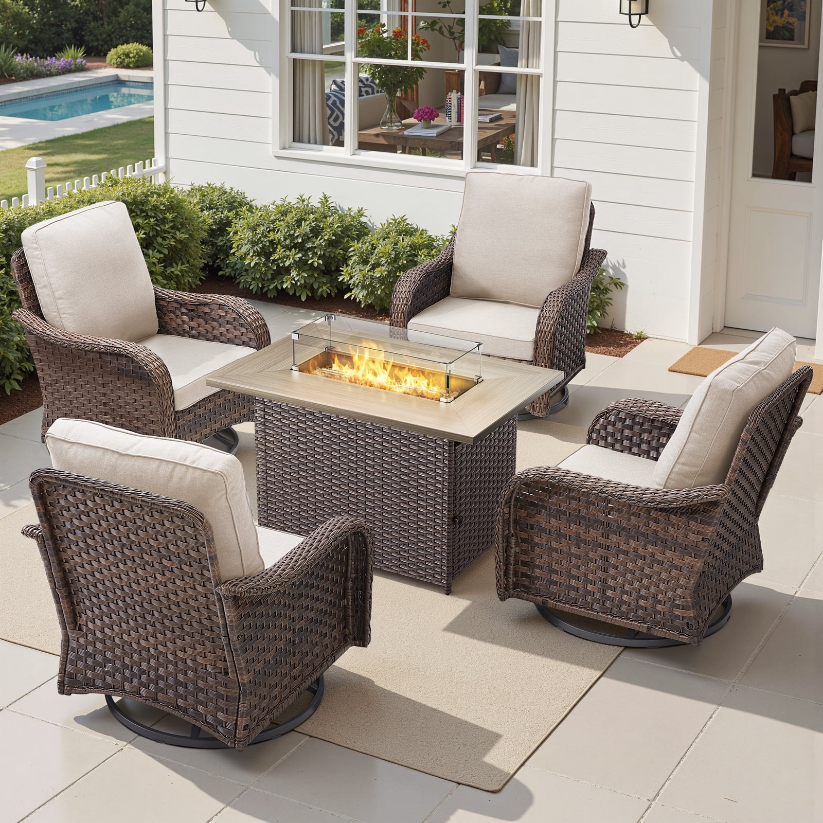 Giantfurnni 5 Piece Patio Furniture Fire Pit Sets 4 Wicker Swivel ...