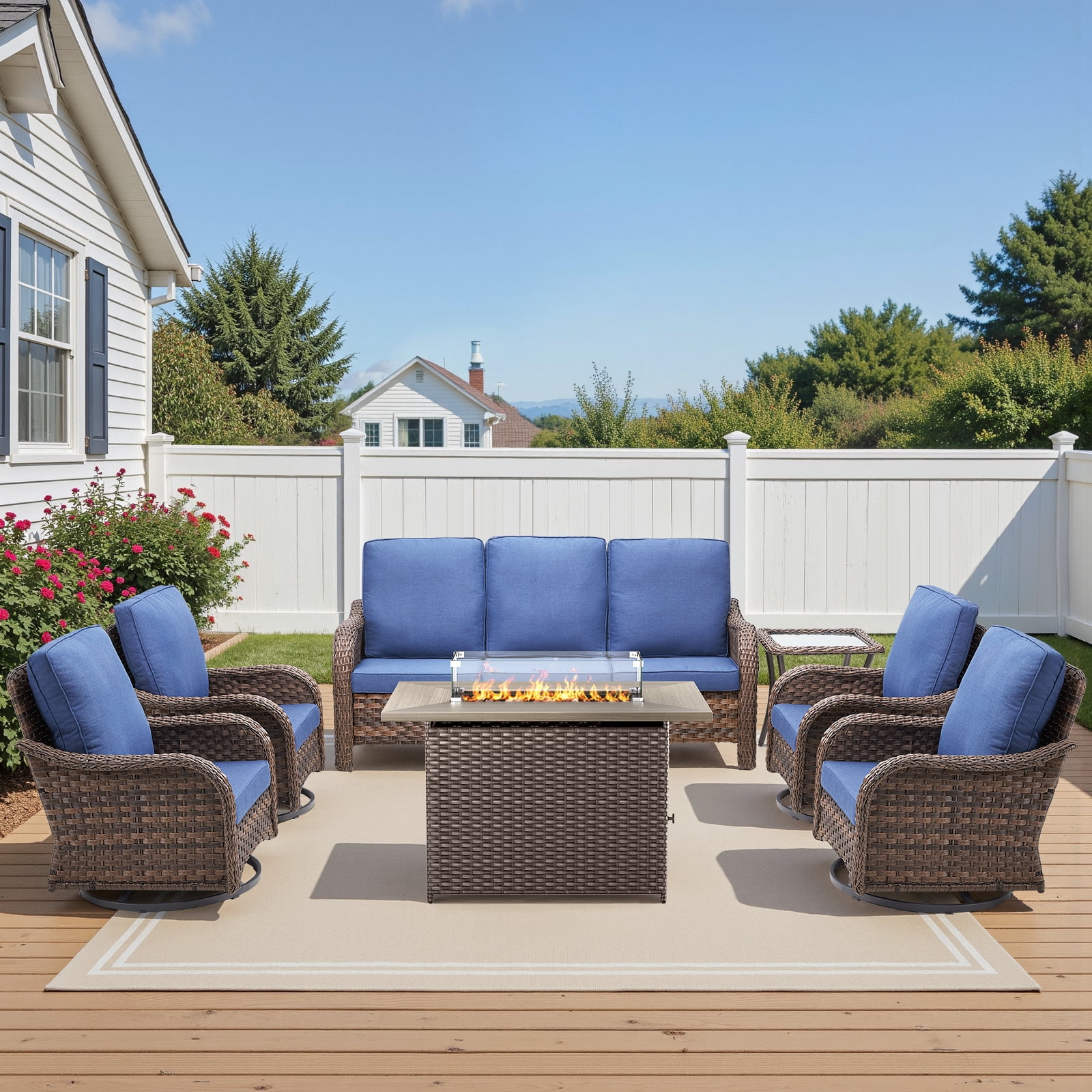 Giantfurnni 6 Piece Patio Furniture Fire Pit Sets Wicker Sofa with 4 ...