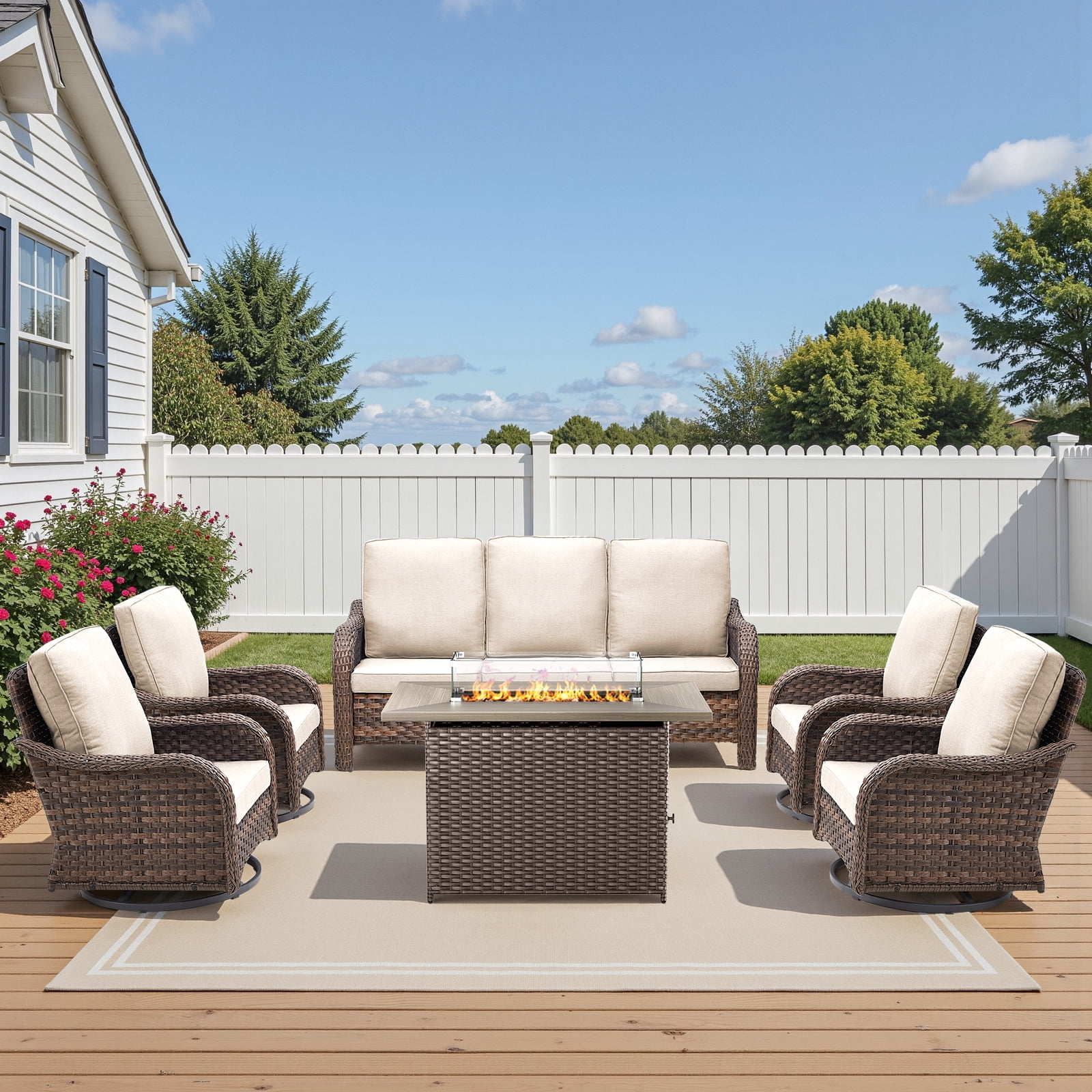 Giantfurnni 6 Piece Patio Furniture Fire Pit Sets Wicker Sofa with 4 ...