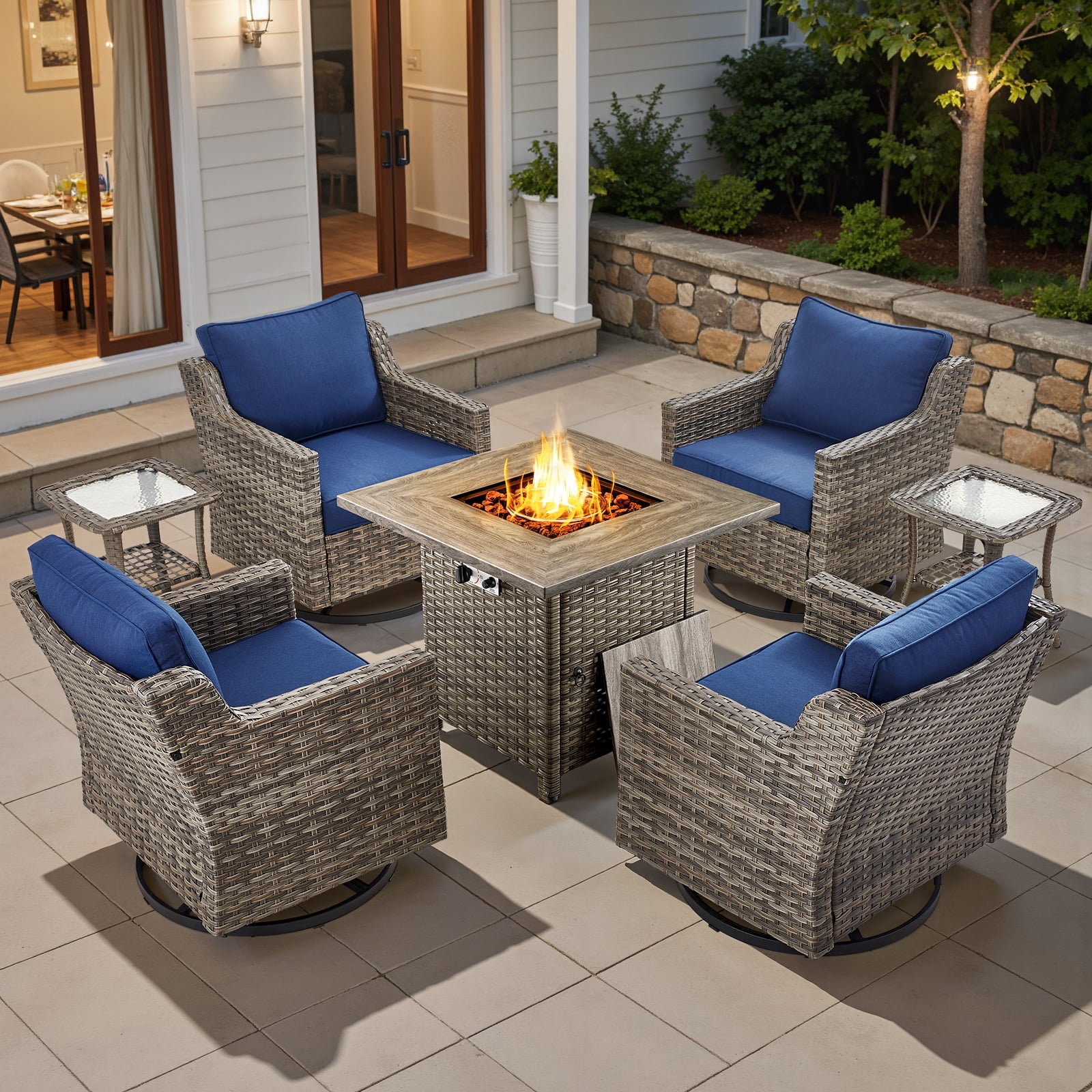 Giantfurnni 7-Piece Wicker Patio Fire Pit Set with 4 Swivel Rockers, 2 ...