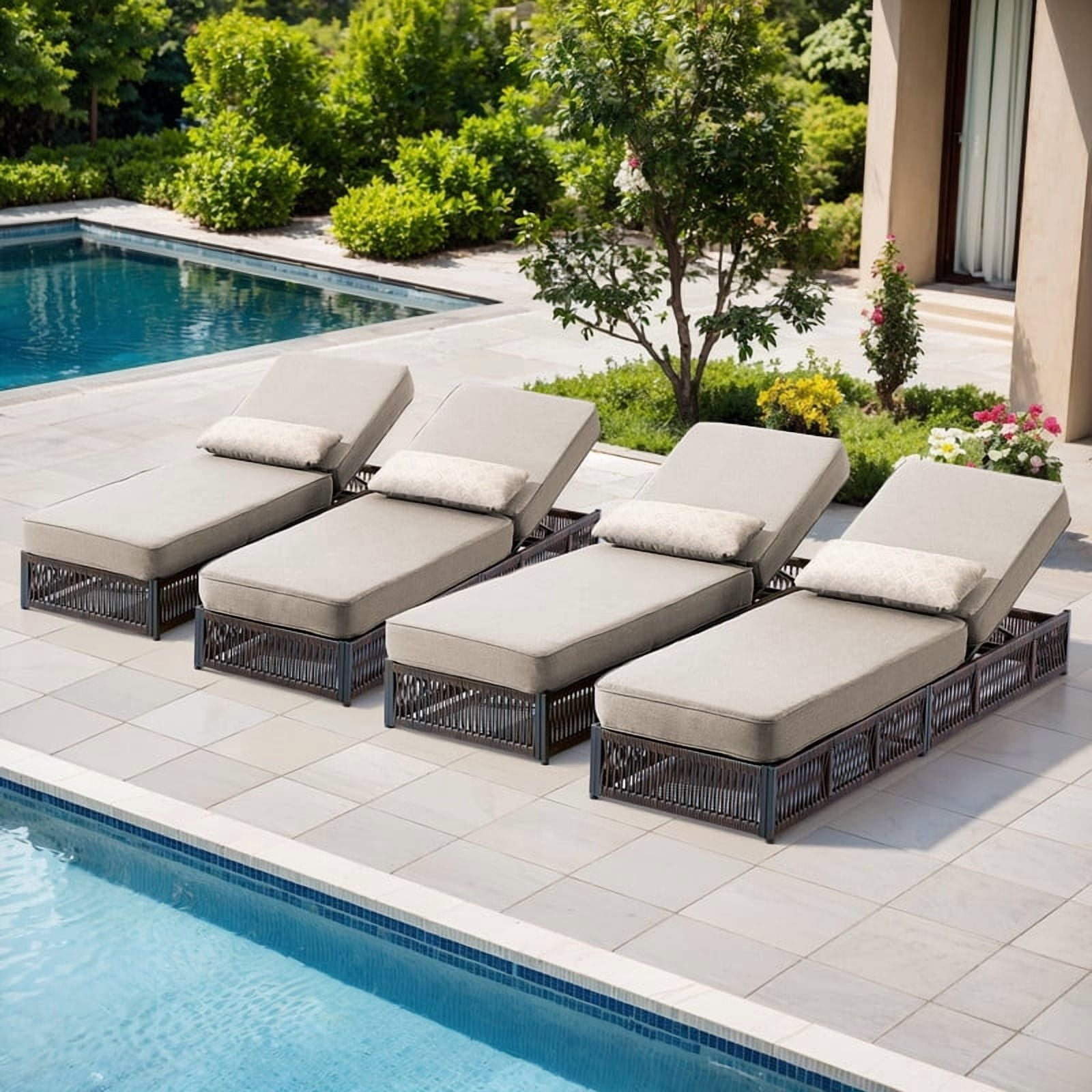 Giantfurnni Patio Wicker Chaise Lounges Set of 4, Outdoor Cushioned ...