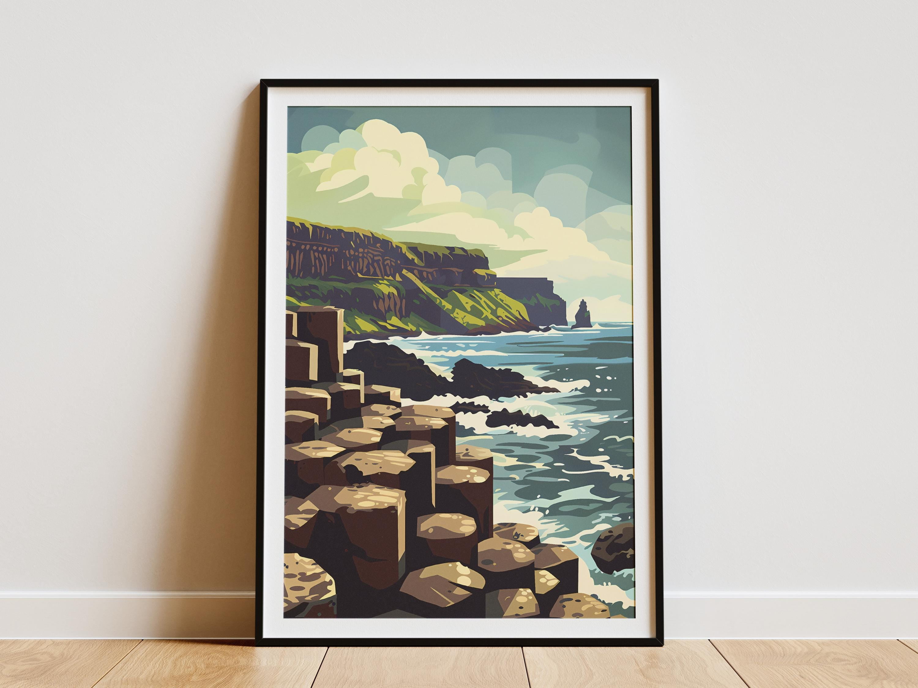 Giants Causeway Ireland Poster Travel Art Print Ocean Coastline Landscape Wall Art Minimalist ...