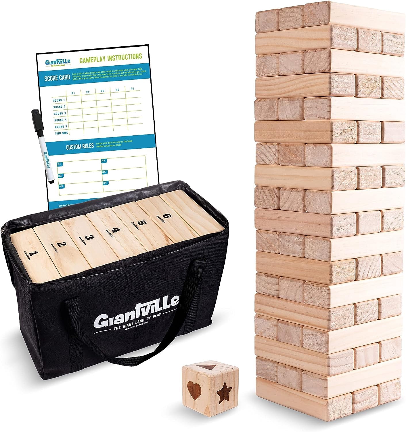 Giantville 54-Piece Giant Wooden Stacking Tumble Blocks with Dice Tower ...