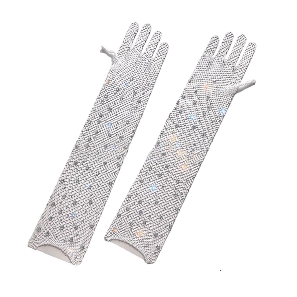 Giaone 1 Pair Mesh Full Finger Long Arm Sleeves Rhinestones Gloves for ...