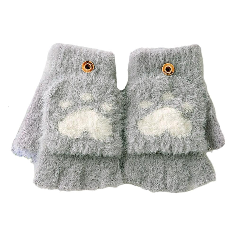 Giaone Cats Paw Pattern Glove Plush Fingerless Mittens with Flip Top ...