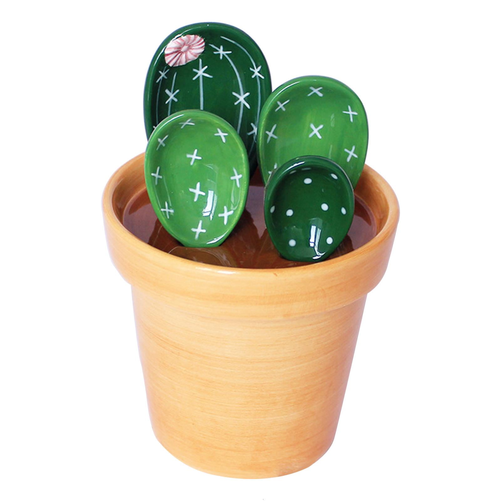 Giaone Ceramic Cactus Measuring Spoons with Holder Set Baking Measuring ...