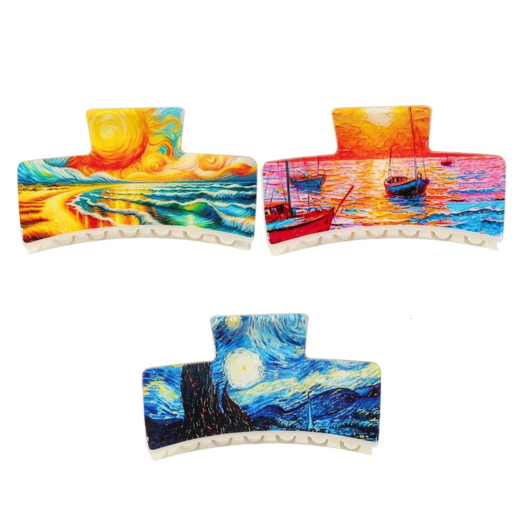 Giaone Pack of 3pc Square Hair Clip Oil Painting Pattern Charm ...