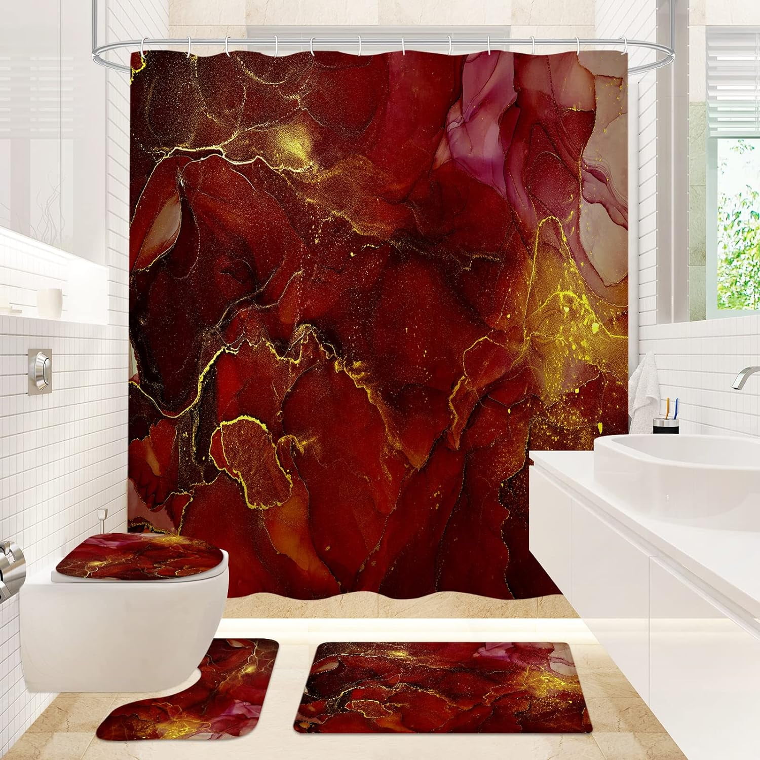 Gibelle 4 Pcs Shower Curtain Set With Non Slip Rugs Toilet Lid Cover