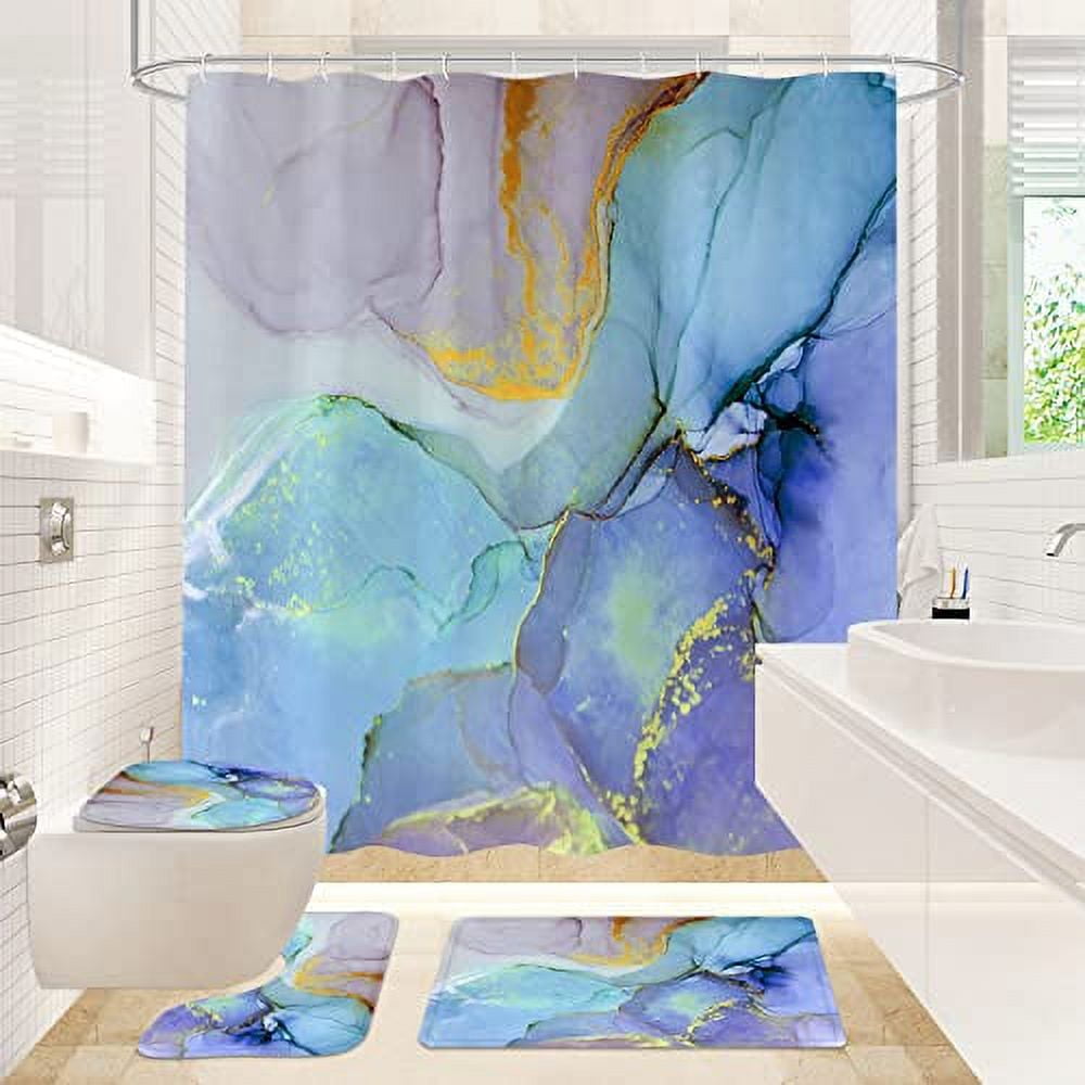Gibelle 4 Pcs Shower Curtain Set With Non Slip Rugs Toilet Lid Cover