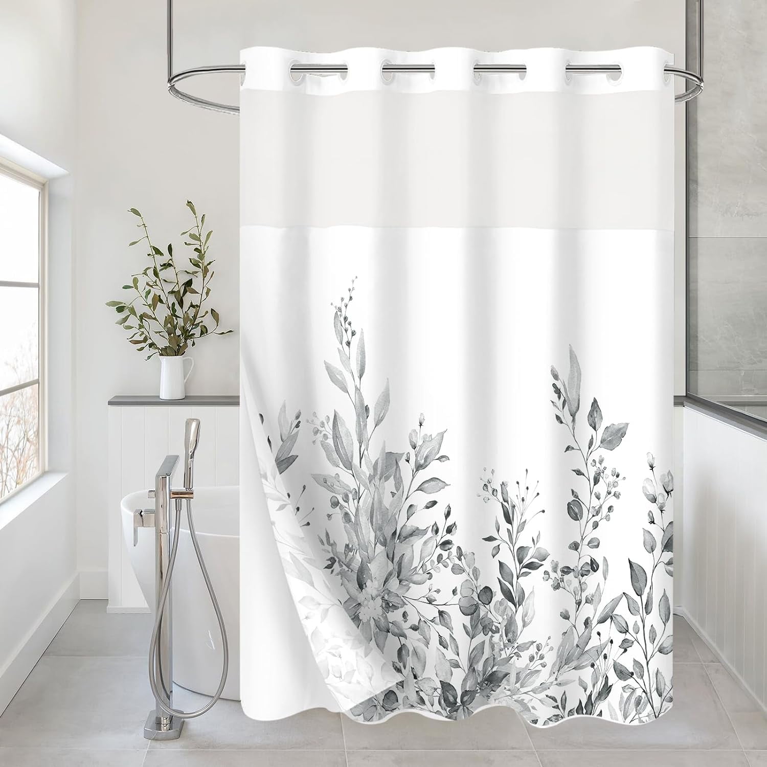 Gibelle No Hook Eucalyptus Shower Curtain With Snap In Fabric Liner Set
