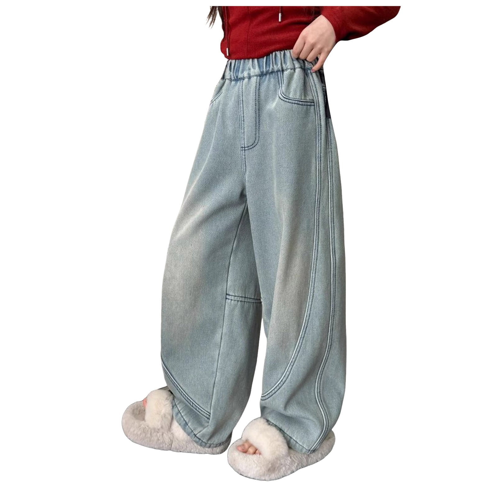 Gibobby Girls' Baggy Jeans Candy Colors High Rise Elastic Waist Wide ...