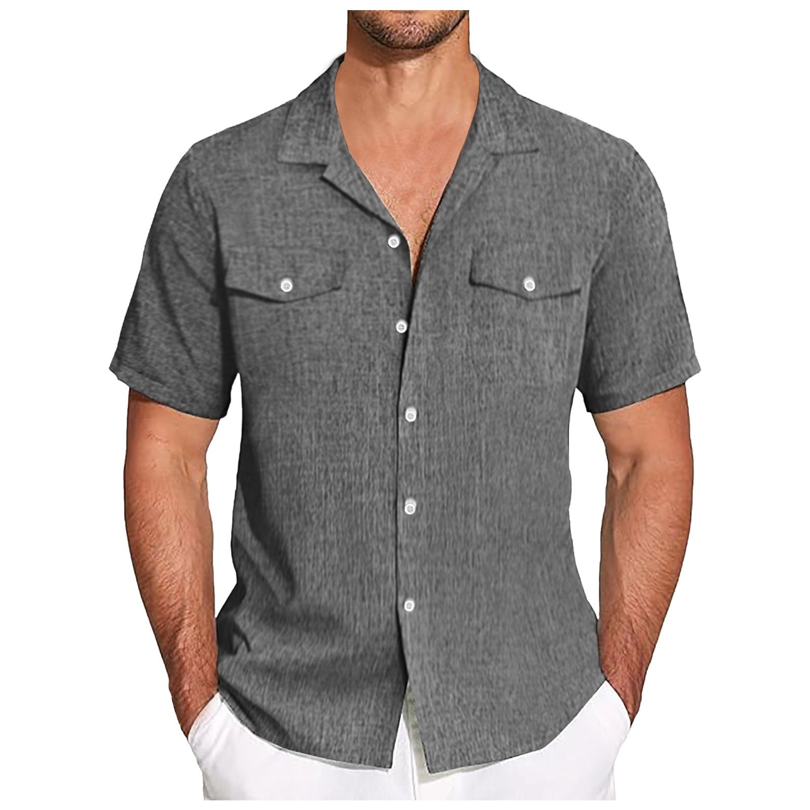 Gibobby Mens Short Sleeve Casual Button Up Shirts Summer Untucked Dress Shirts with Pocket(Dark ...