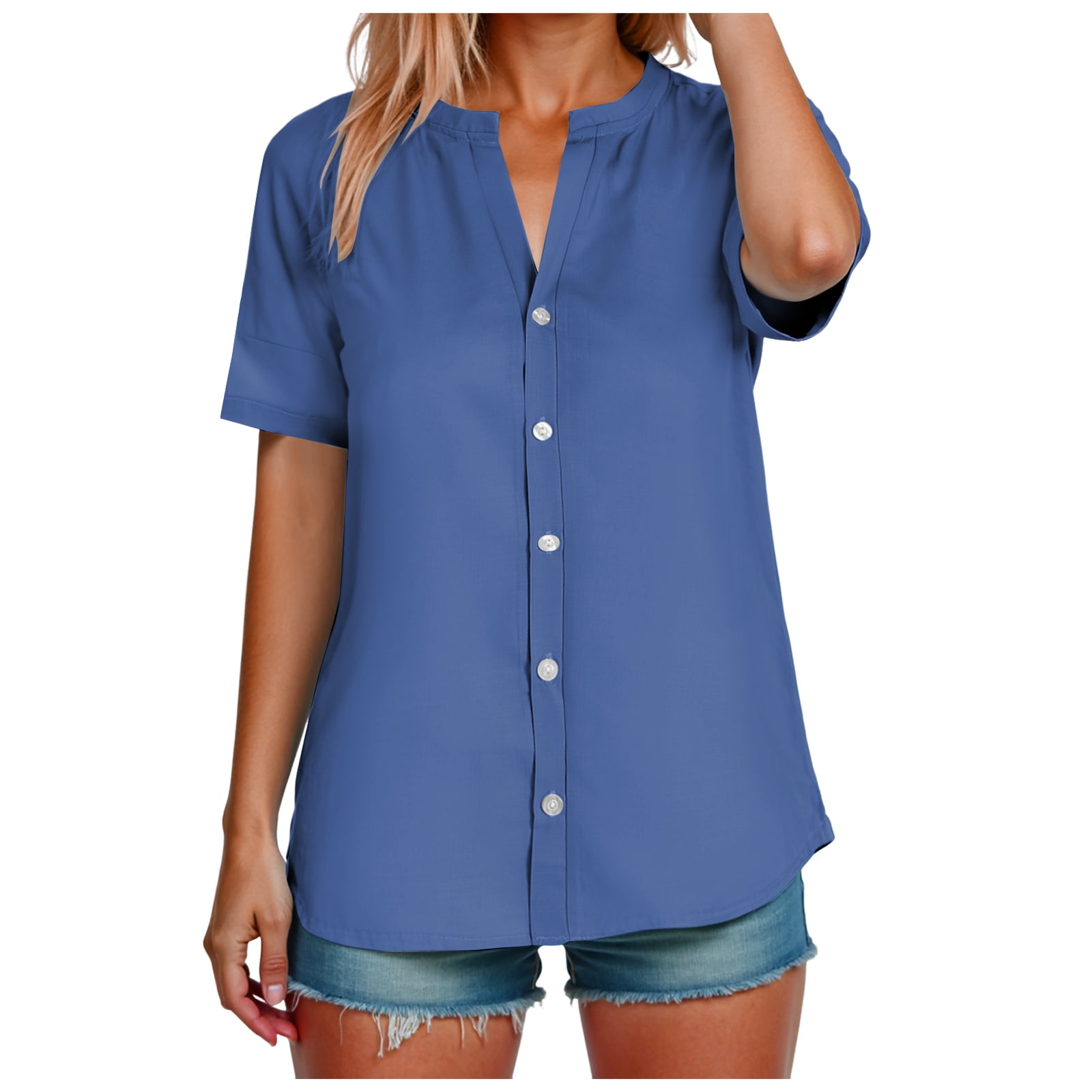 Gibobby Womens Button Up Shirt Casual Short Sleeve Collared Work Blouse ...