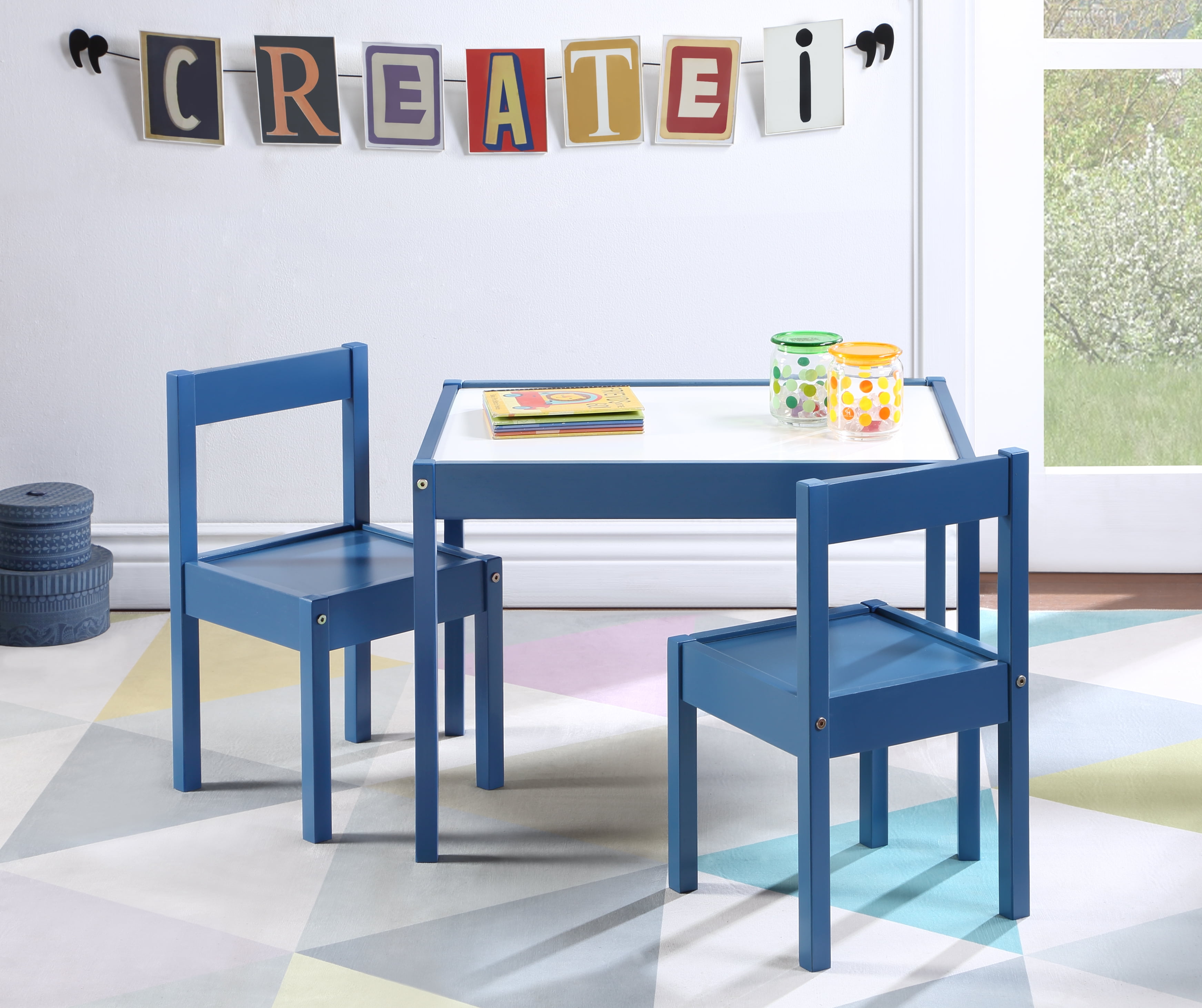 Gibson 3-Piece Dry Erase Kids Table & Two Chair Set,Dark Blue,Navy Wood ...