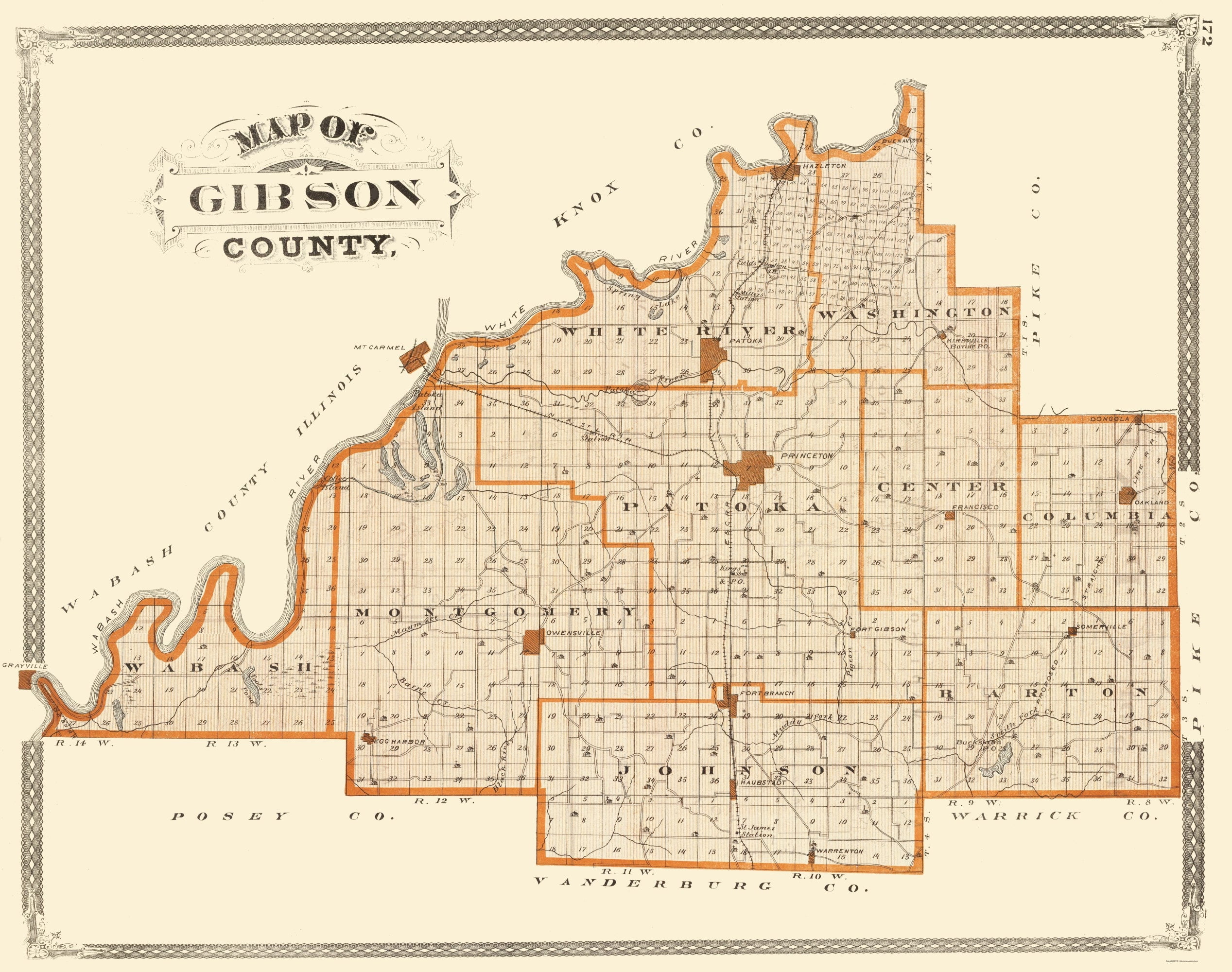 Historic County Map - Gibson County Indiana - Baskin 1876 - 23 x 29.15 ...