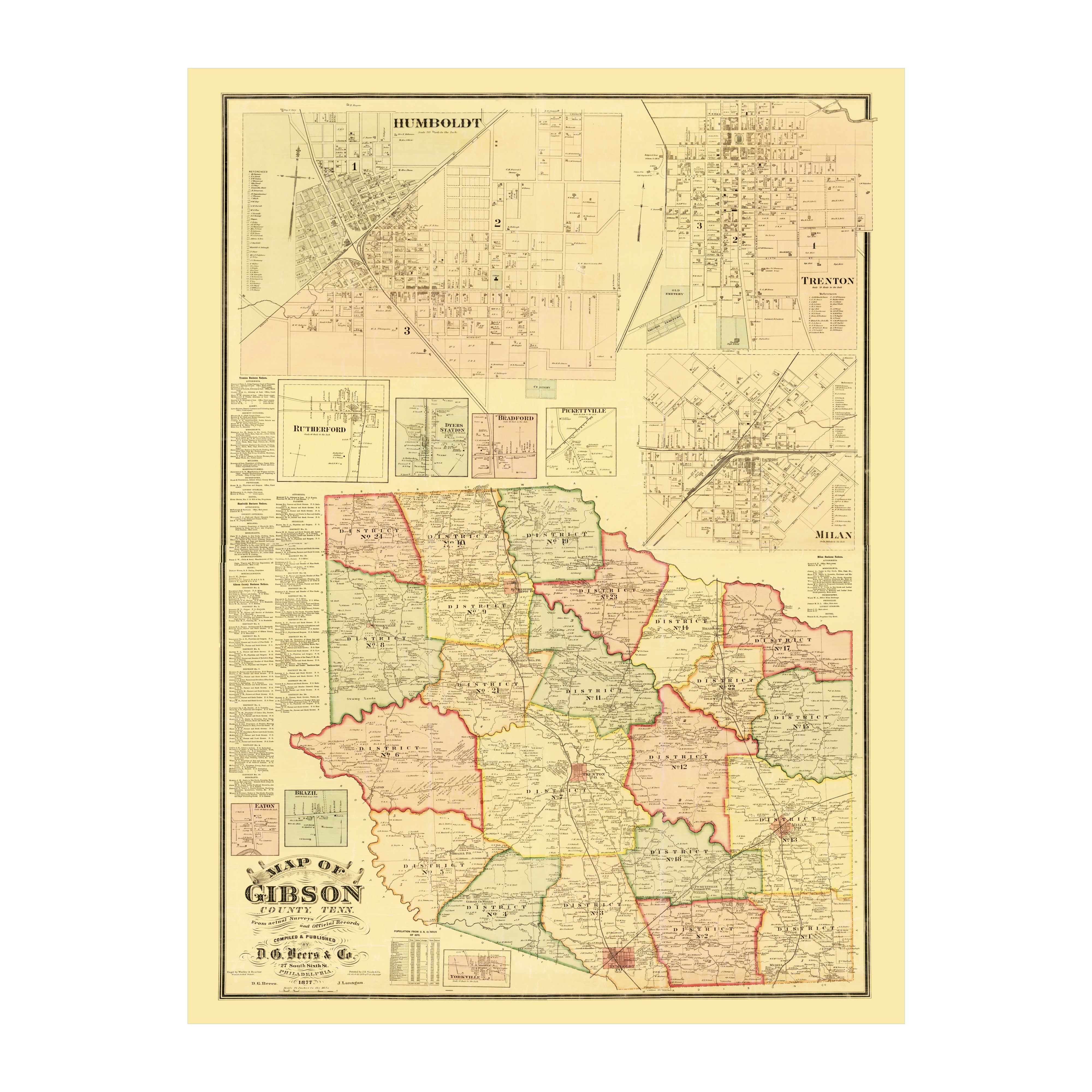 Gibson County Tennessee Art, 1877 Vintage Map of Gibson County TN ...