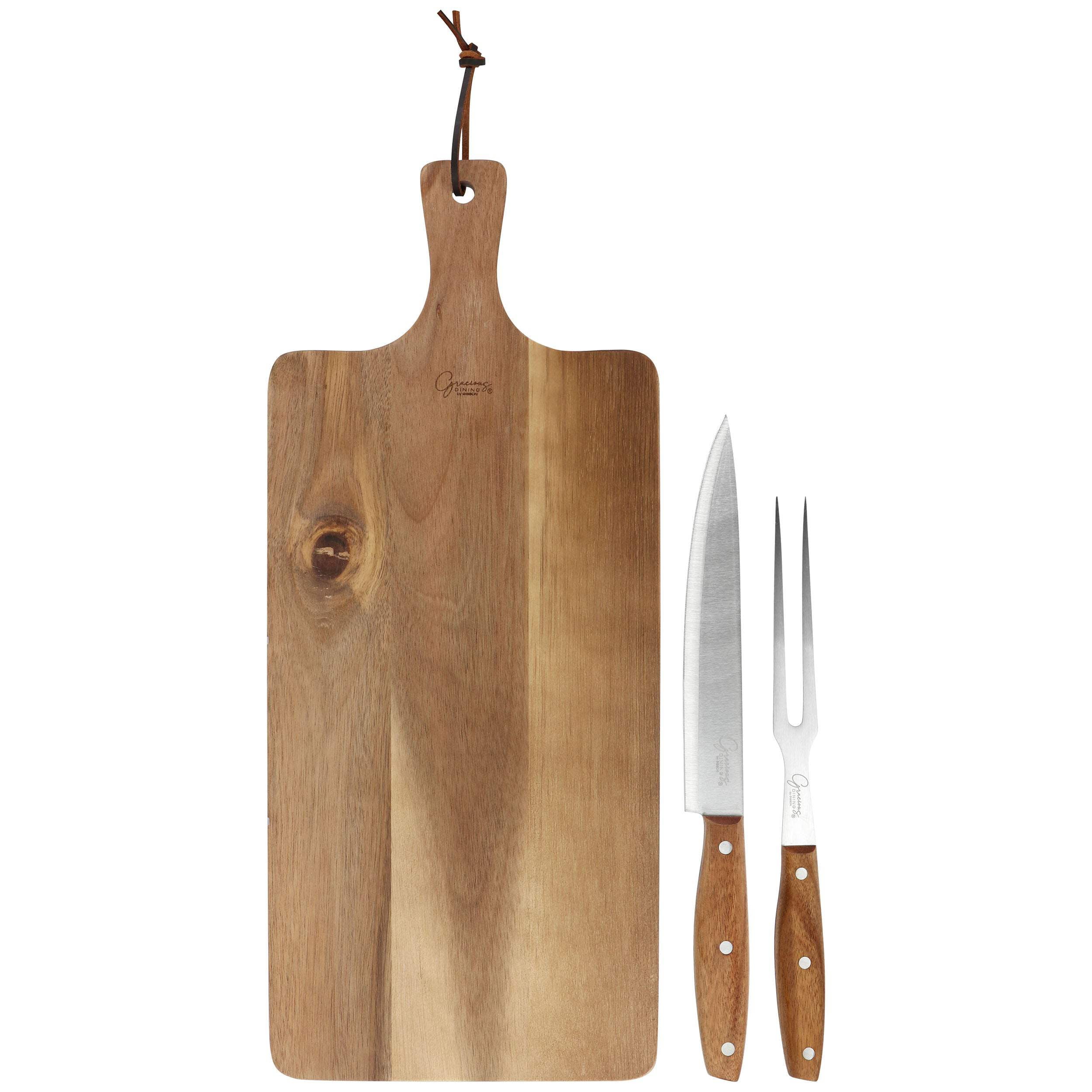 Gibson Elite 3 Piece Acacia Wood Serving Board w Carving Knife Fork in ...