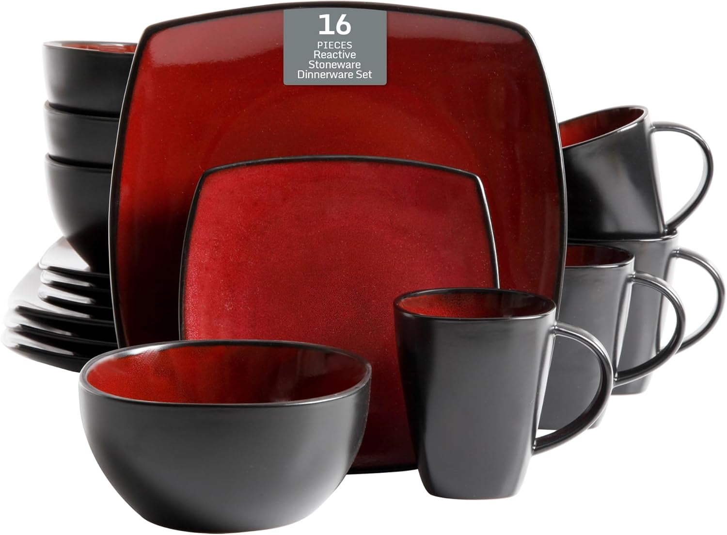 Gibson Soho Lounge Square Reactive Glaze Dinnerware Set, Red, Service ...