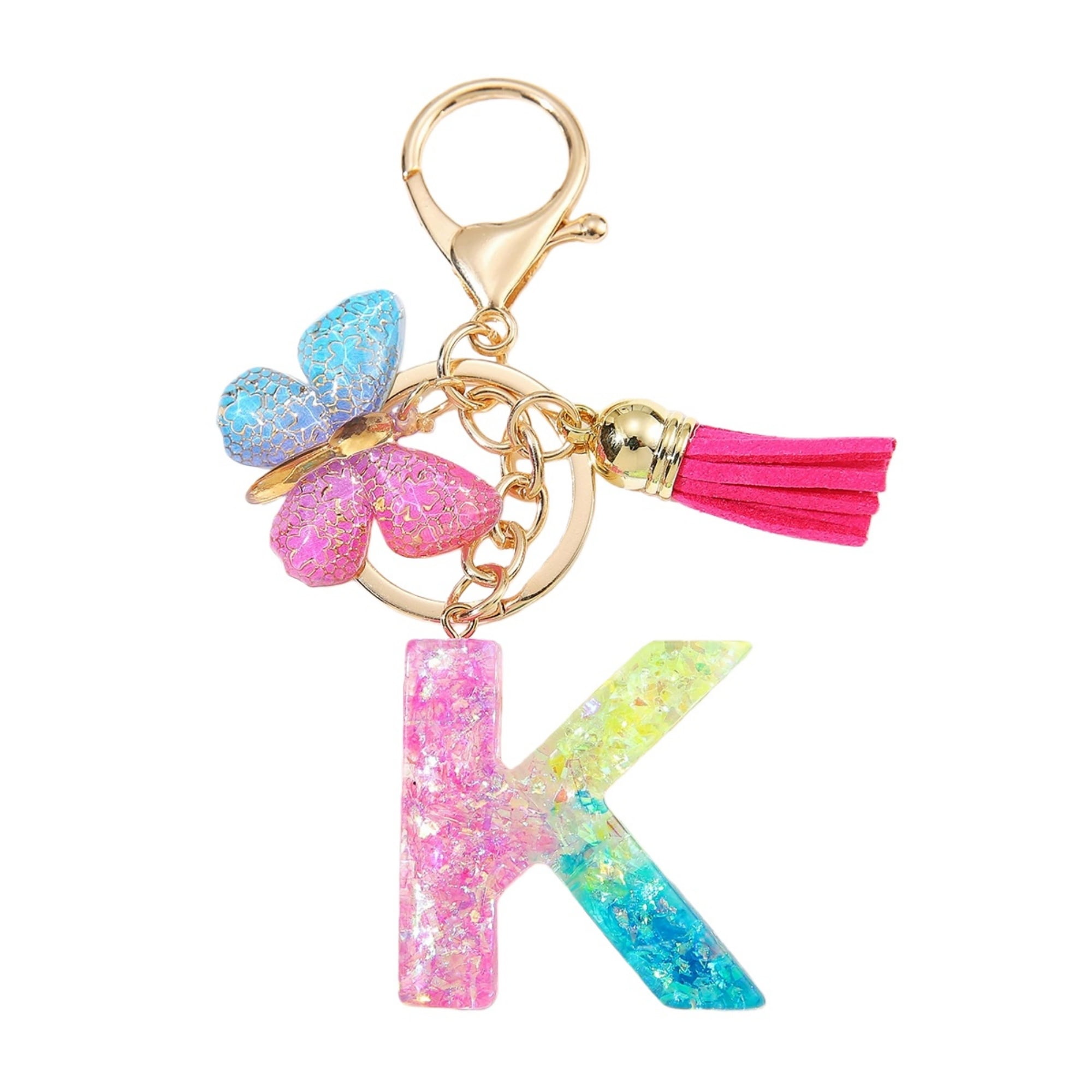 Gierzijia Color Sequins Butterfly Tassel A-Z Alphabet Resin Keychain ...