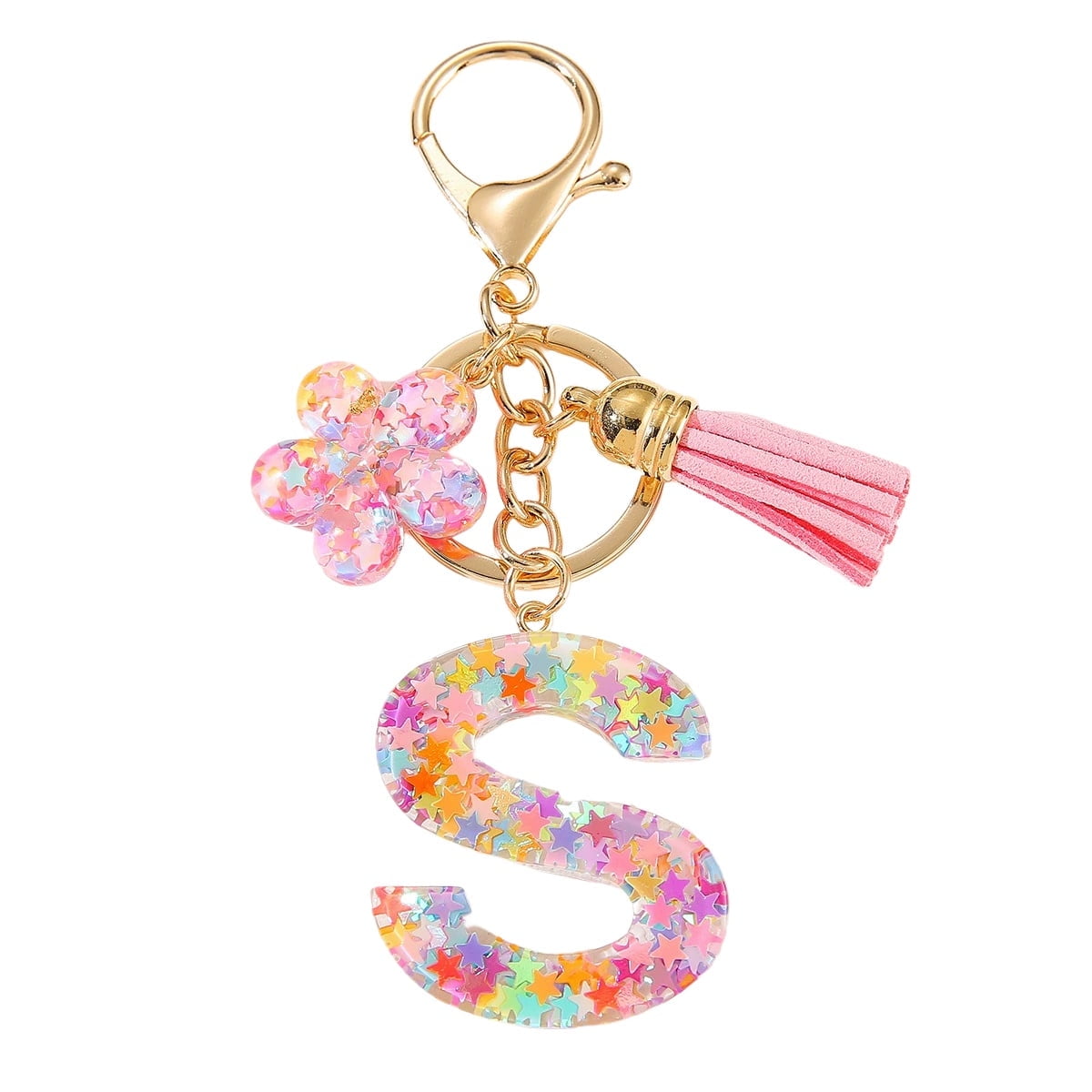Gierzijia Color Star Sequins Flower Tassel A-Z Alphabet Resin Keychain ...
