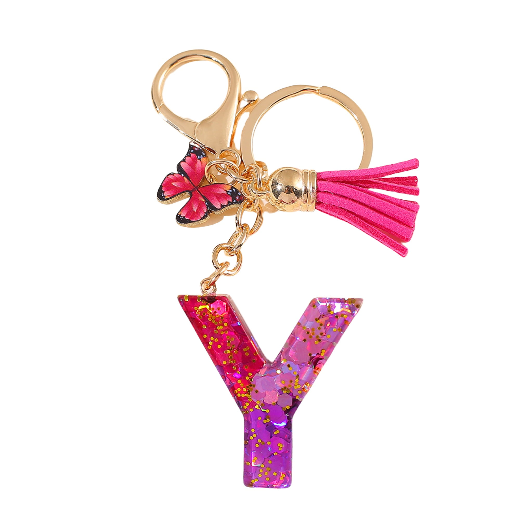 Gierzijia Purple Sequins Butterfly Tassel A-Z Alphabet Resin Keychain ...