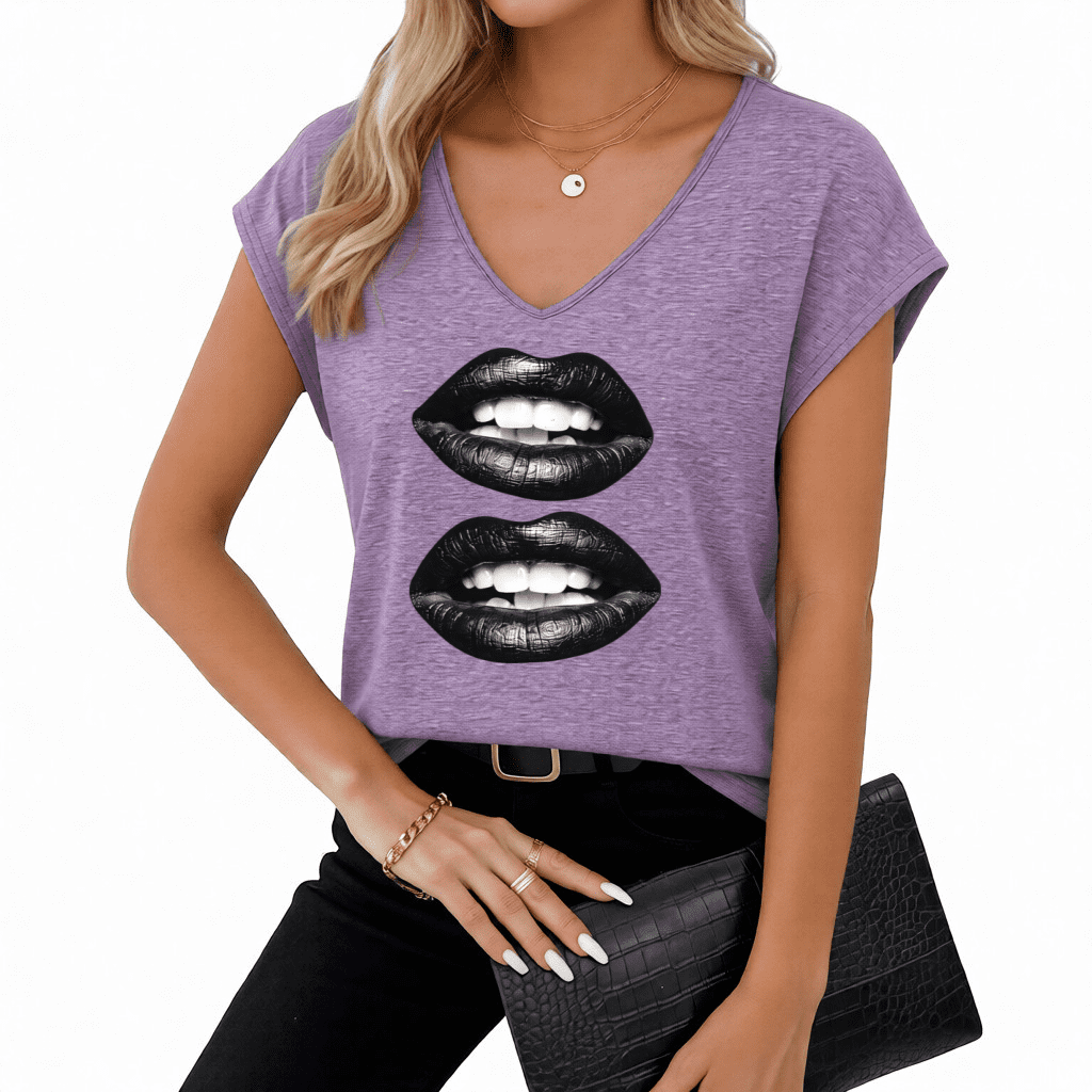 Giffimy Women Y2K Edgy Black Lips Print V-Neck Sleeveless T-Shirt ...
