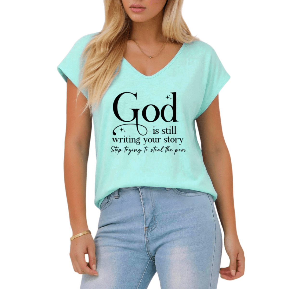 Giffimy Women's Black "God Is Still Writing Your Story" Blue V-Neck ...