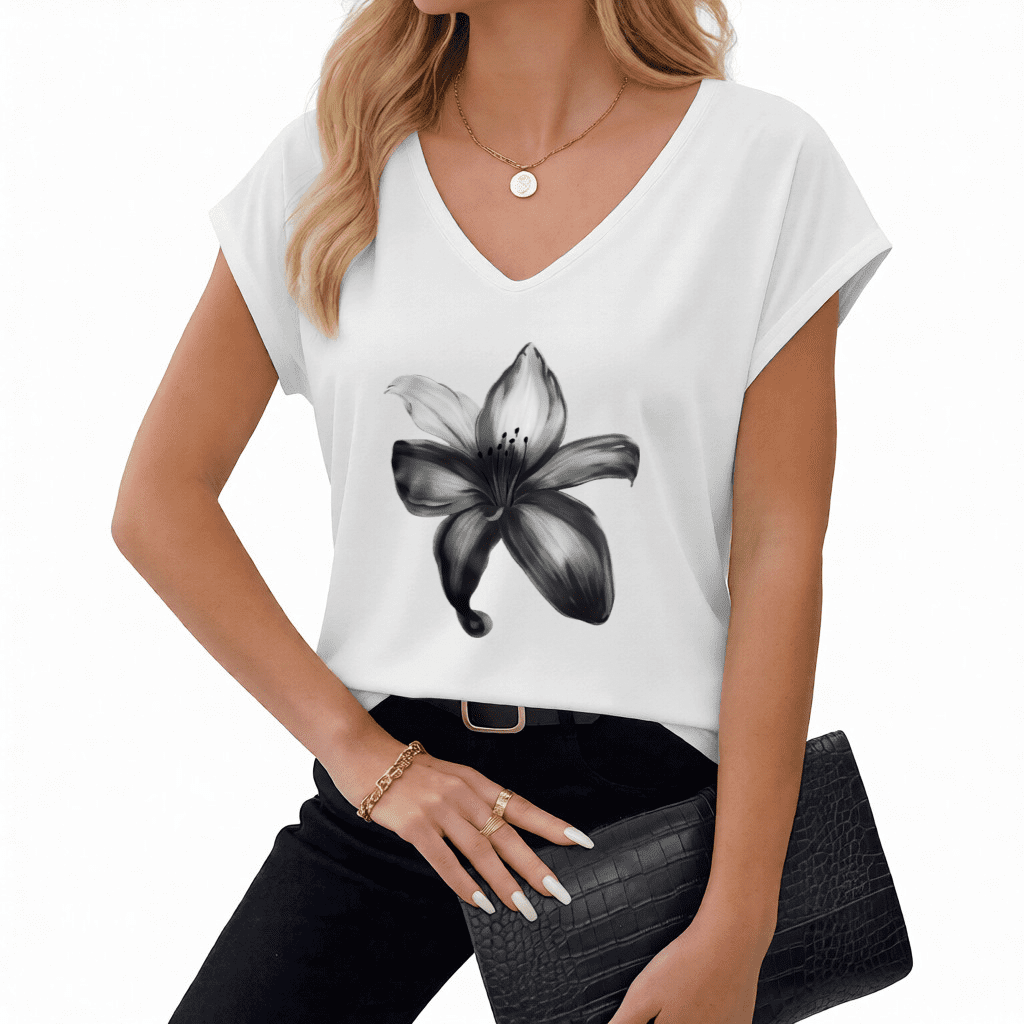 Giffimy Women's Black and White Lily Flower V-Neck Sleeveless T-Shirt ...