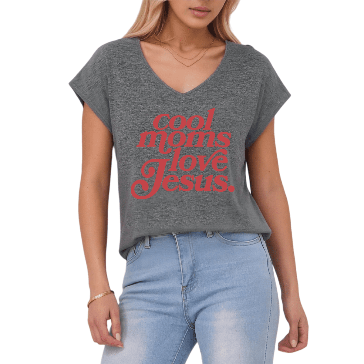 Giffimy Women's "Cool Moms Love Jesus" Red Print Dark Gray V-Neck ...