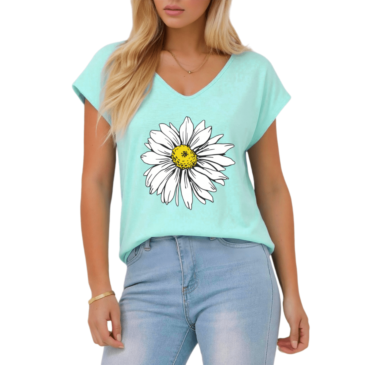 Giffimy Women's Daisy Flower Print Blue V-Neck Sleeveless T-Shirt ...