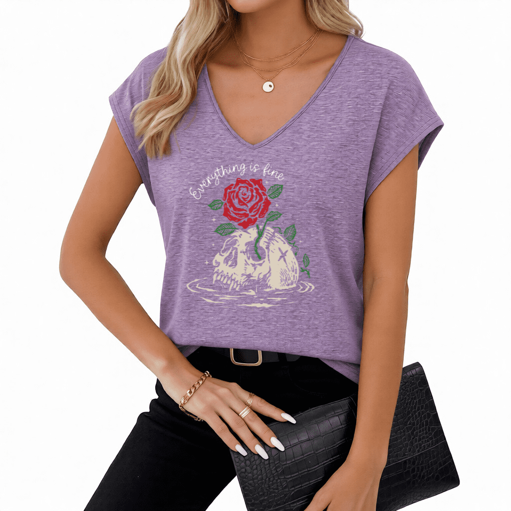 Giffimy Women's Everything Is Fine Skull Rose V-Neck Sleeveless T-Shirt ...
