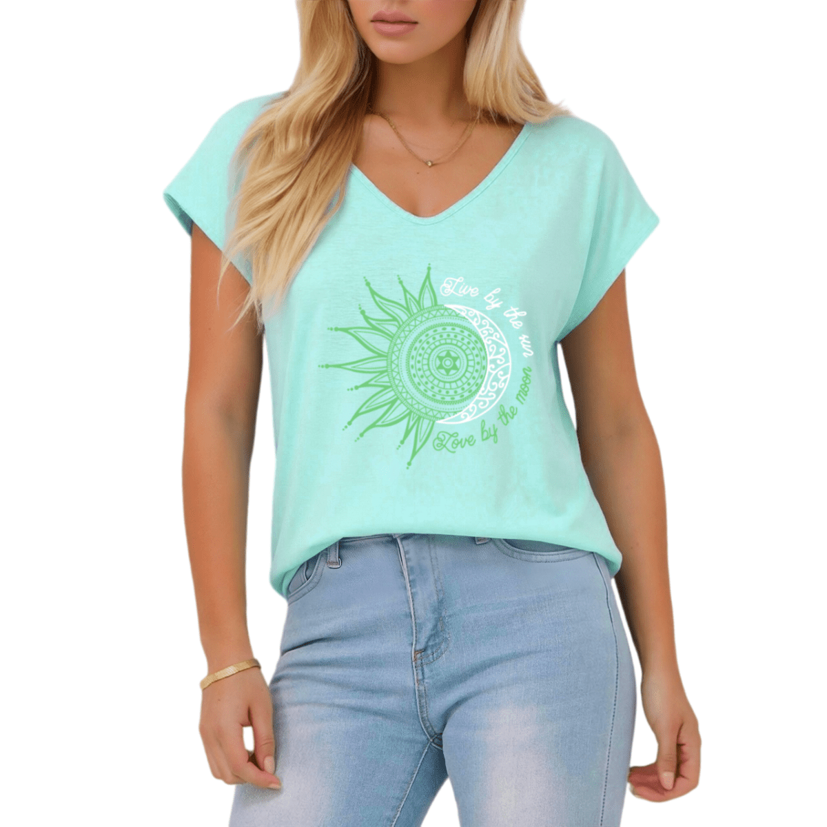 Giffimy Women's Green "Live By The Sun Love By The Moon" Blue V-Neck ...