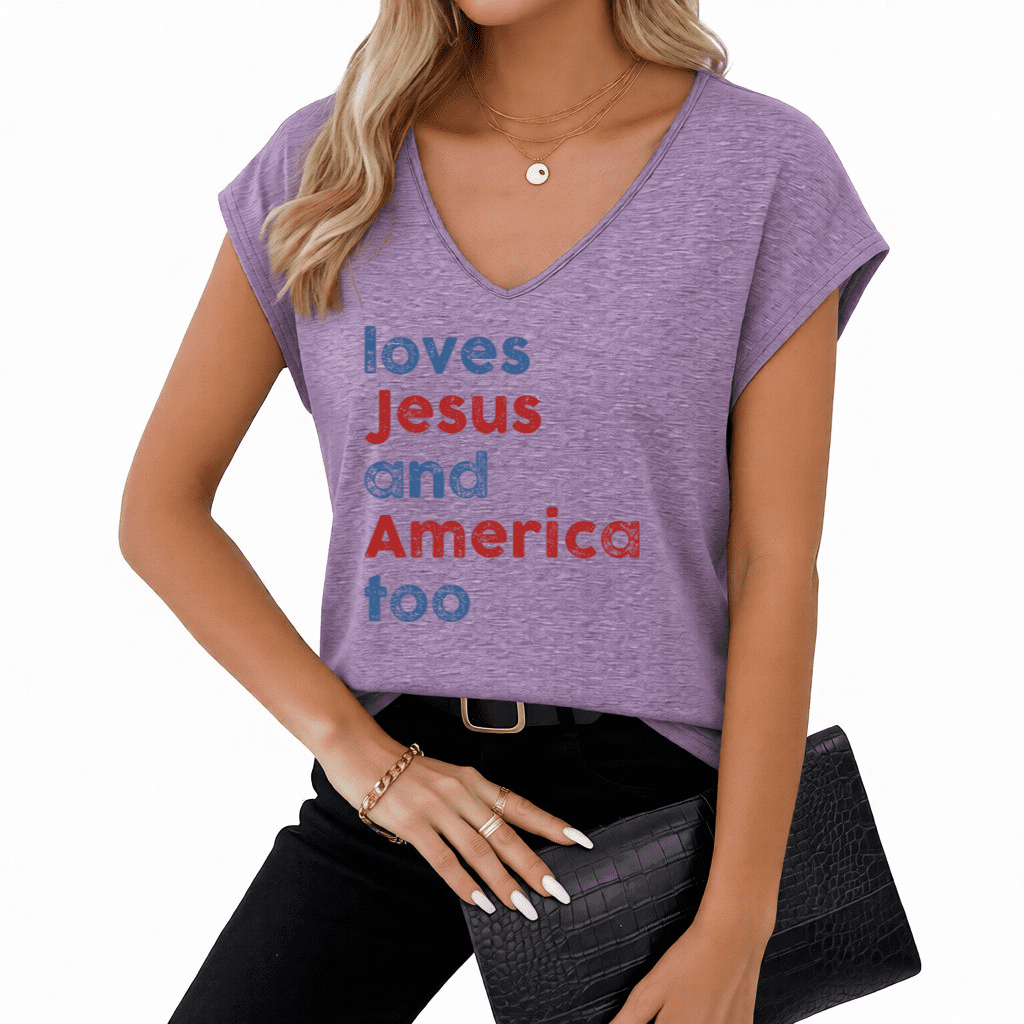 Giffimy Women's "Loves Jesus and America Too" Patriotic V-Neck ...