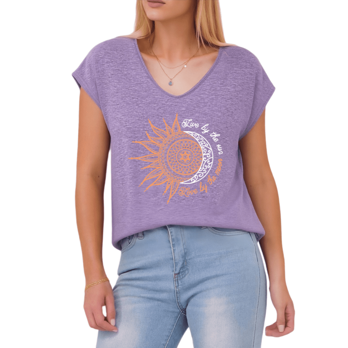 Giffimy Women's Orange "Live By The Sun Love By The Moon" Purple V-Neck ...
