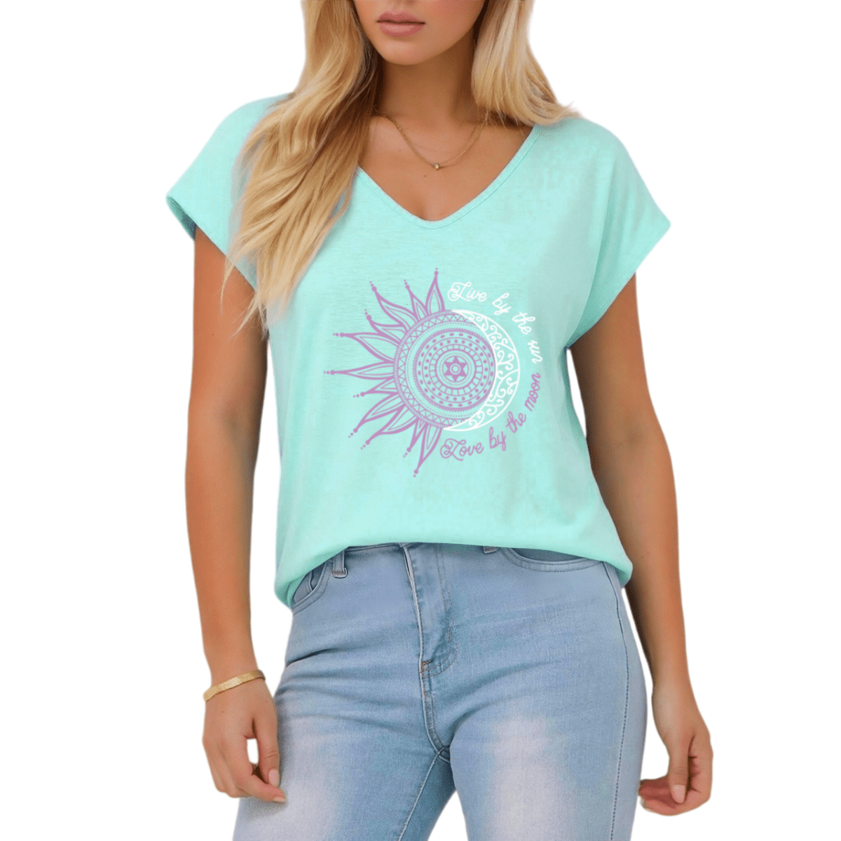 Giffimy Women's Purple "Live By The Sun Love By The Moon" Blue V-Neck ...