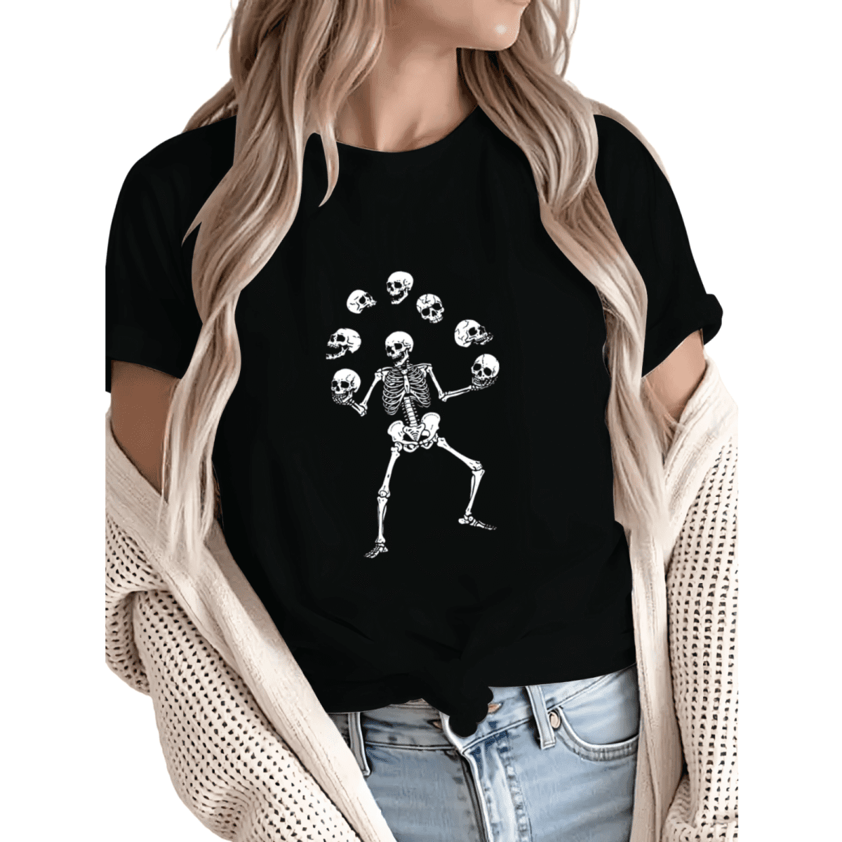 Giffimy Women's Whimsical Juggling Skeleton Graphic Short Sleeve T ...