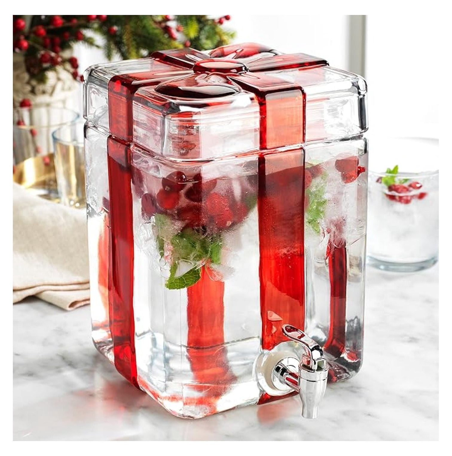 Gift Box Drink dispenser with Red Ribbon Design, Glass Beverage ...
