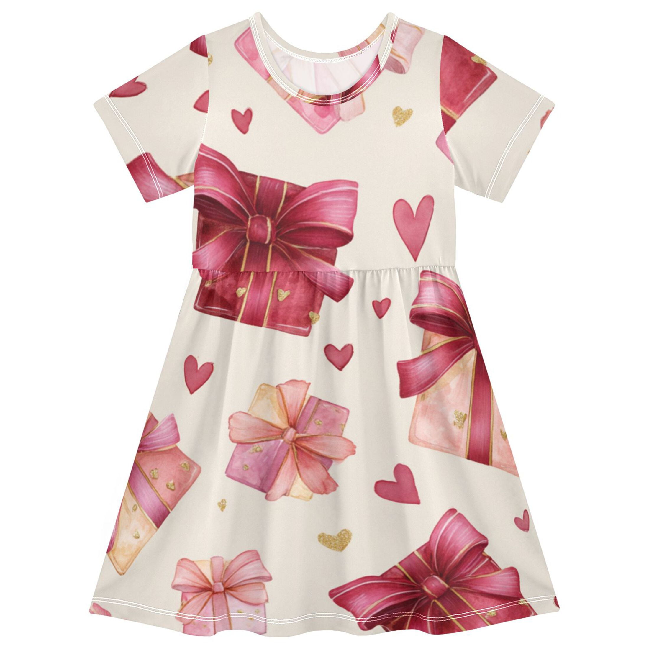 Gift Boxes with Bows Hearts Valentine Girls' Short Sleeve Dress A-Line ...
